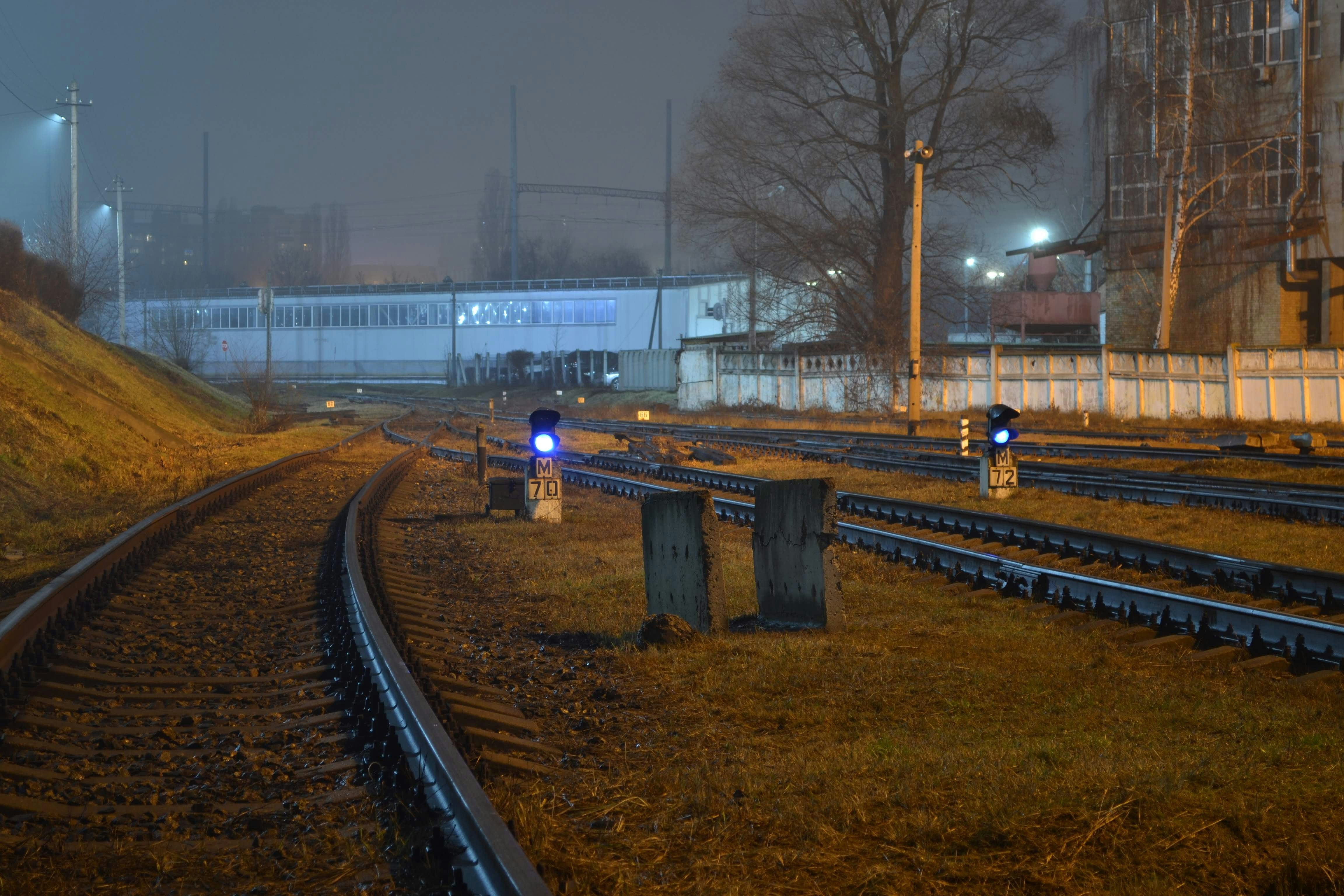 Dimly lit railway yard at night, featuring illuminated signal lights and tracks disappearing into the fog. A sense of quiet anticipation pervades the scene.