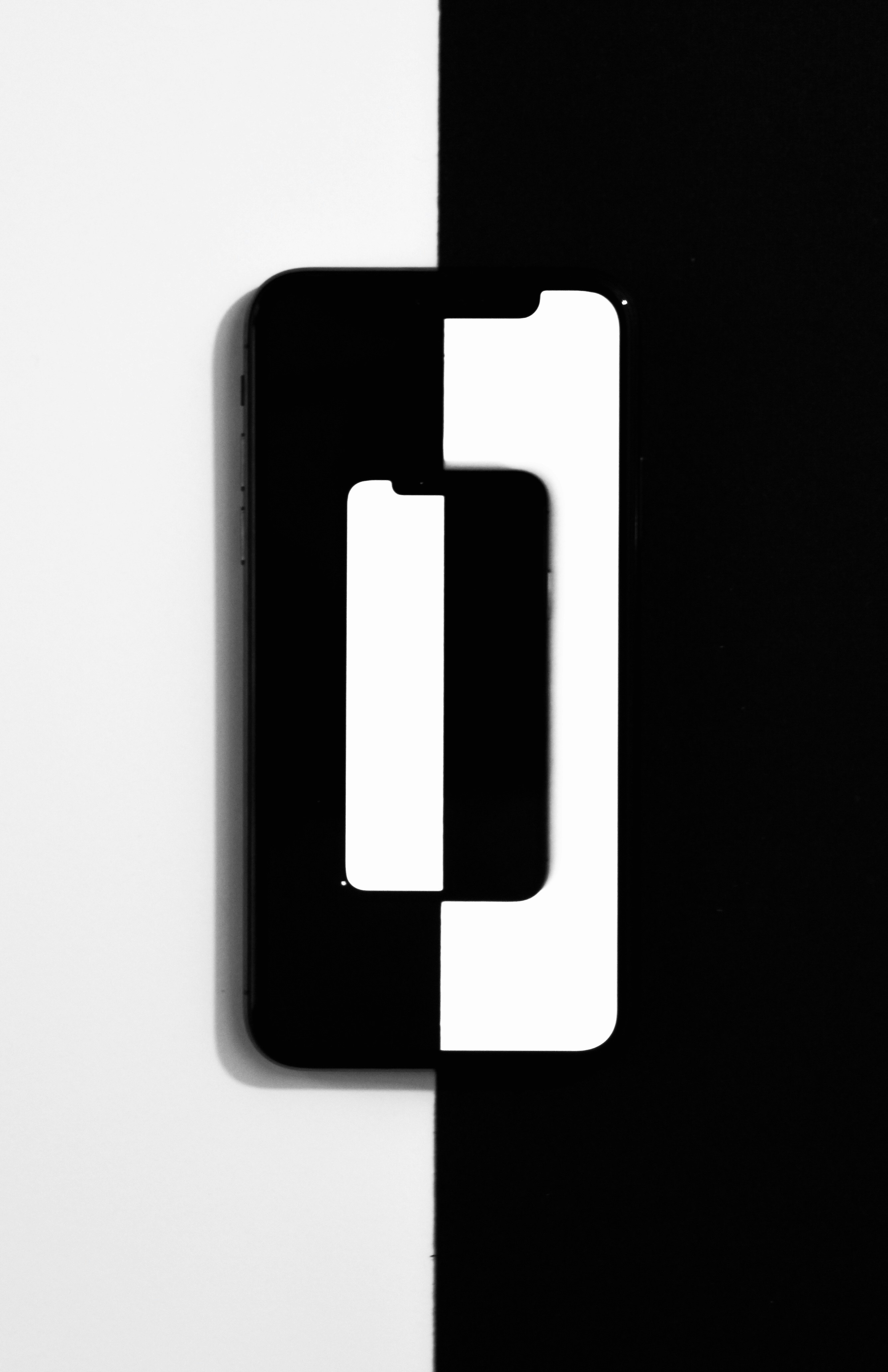 Monochrome Echo: Twin Smartphone Silhouettes on a Bisected Canvas