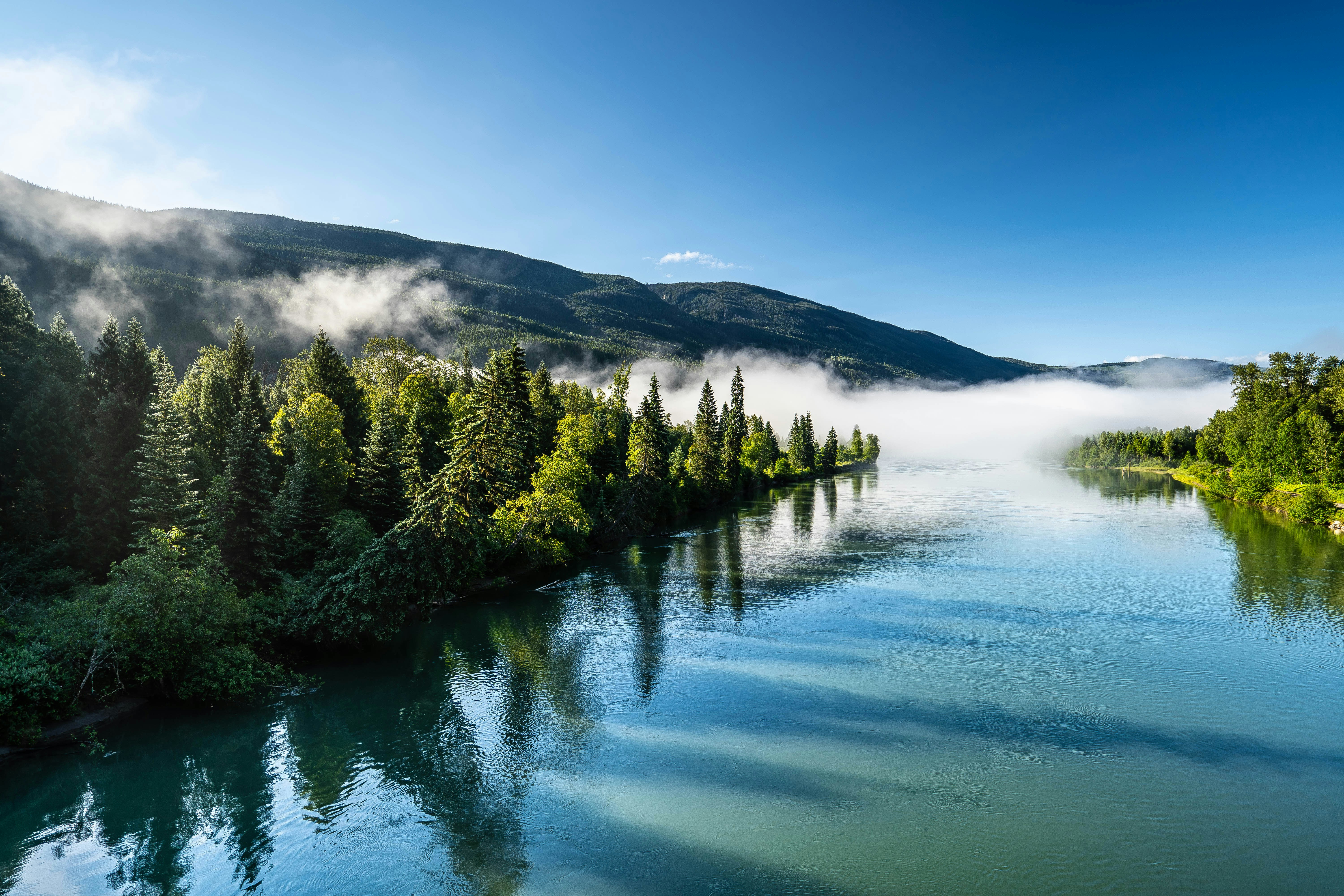 A body of water surrounded by trees and mountains photo – Free Jasper ...