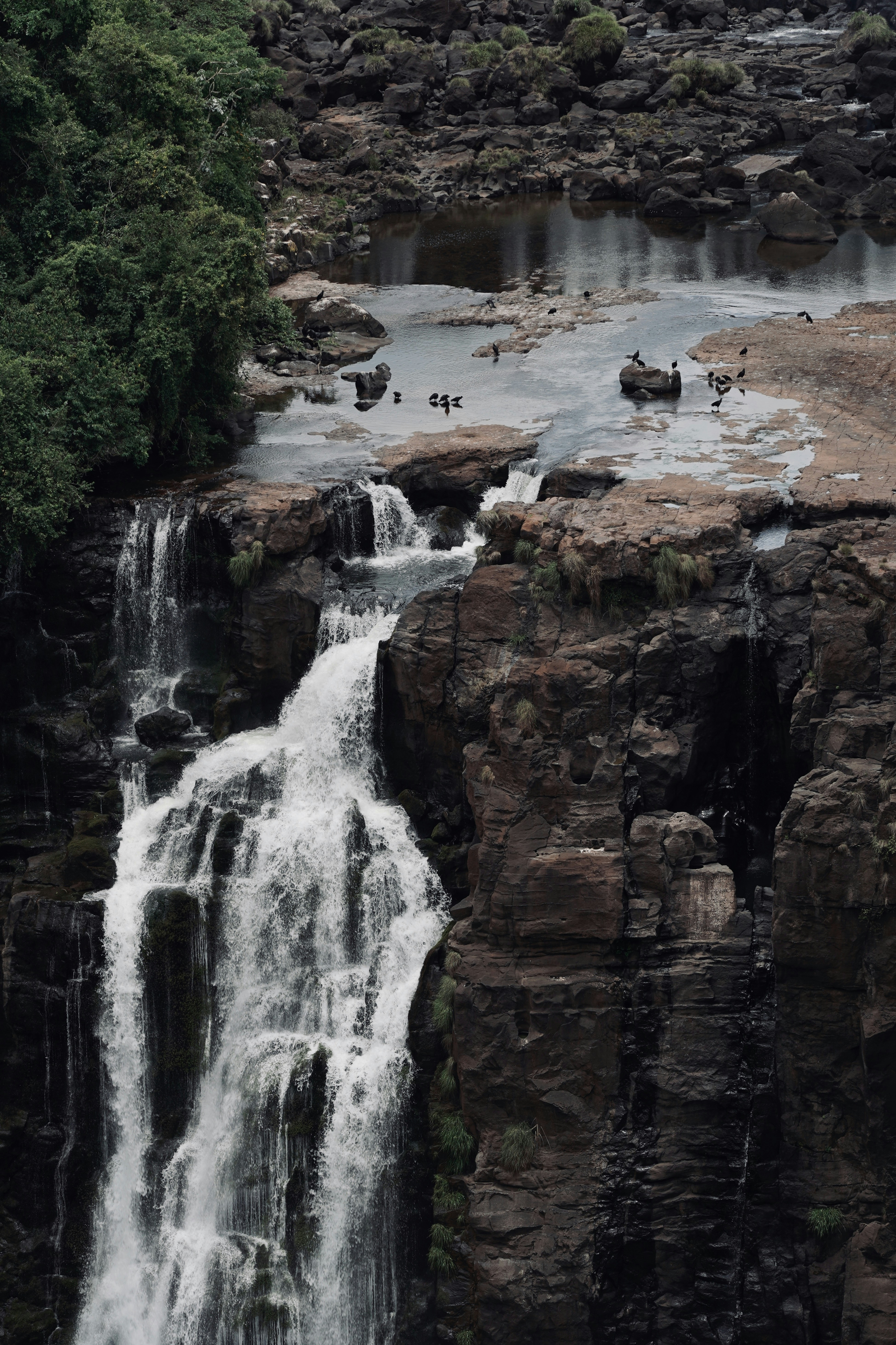 Craggy Cascade over Weathered Basalt Tiers into a Quiet Pool