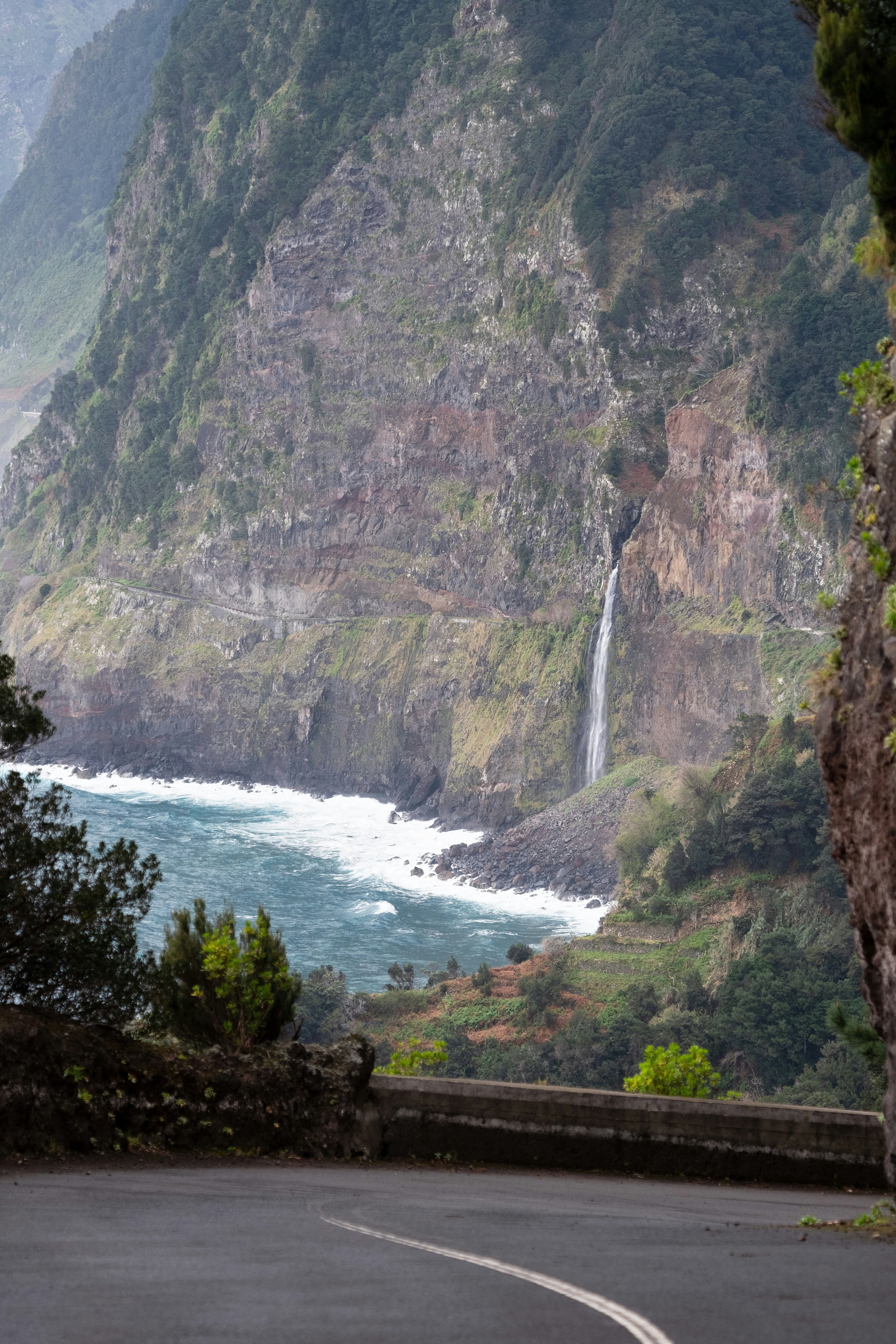 View from the "Véu da Noiva" or Bride's Veil, a waterfall in the north of the Madeira island, not far from São Vicente. This photo was actually taken in a very steep road on the way to a restaurant. Near the waterfall it's possible to make out the very narrow old road, which is no longer used.