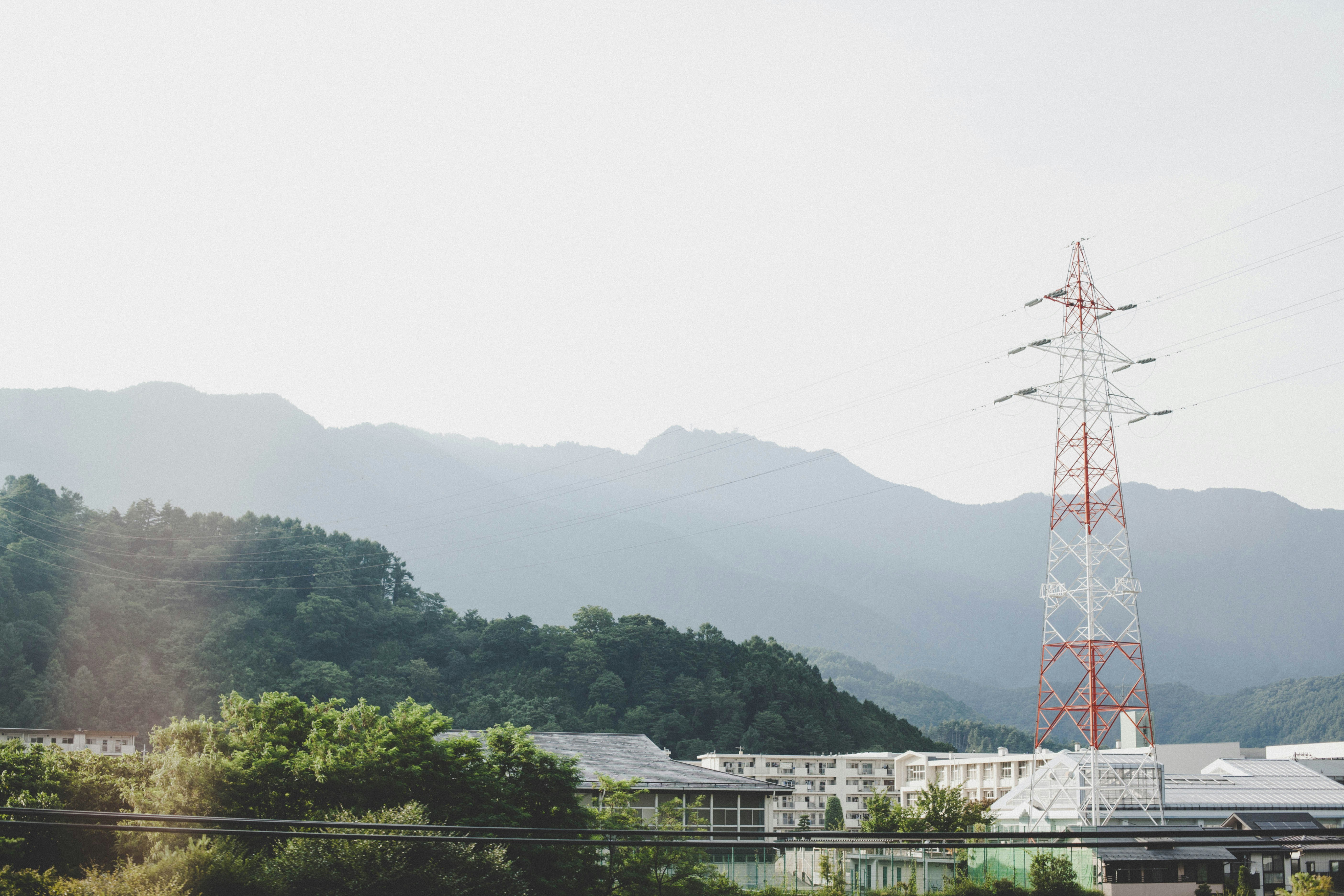 Transmission tower rising above lush greenery with mountains in the background.