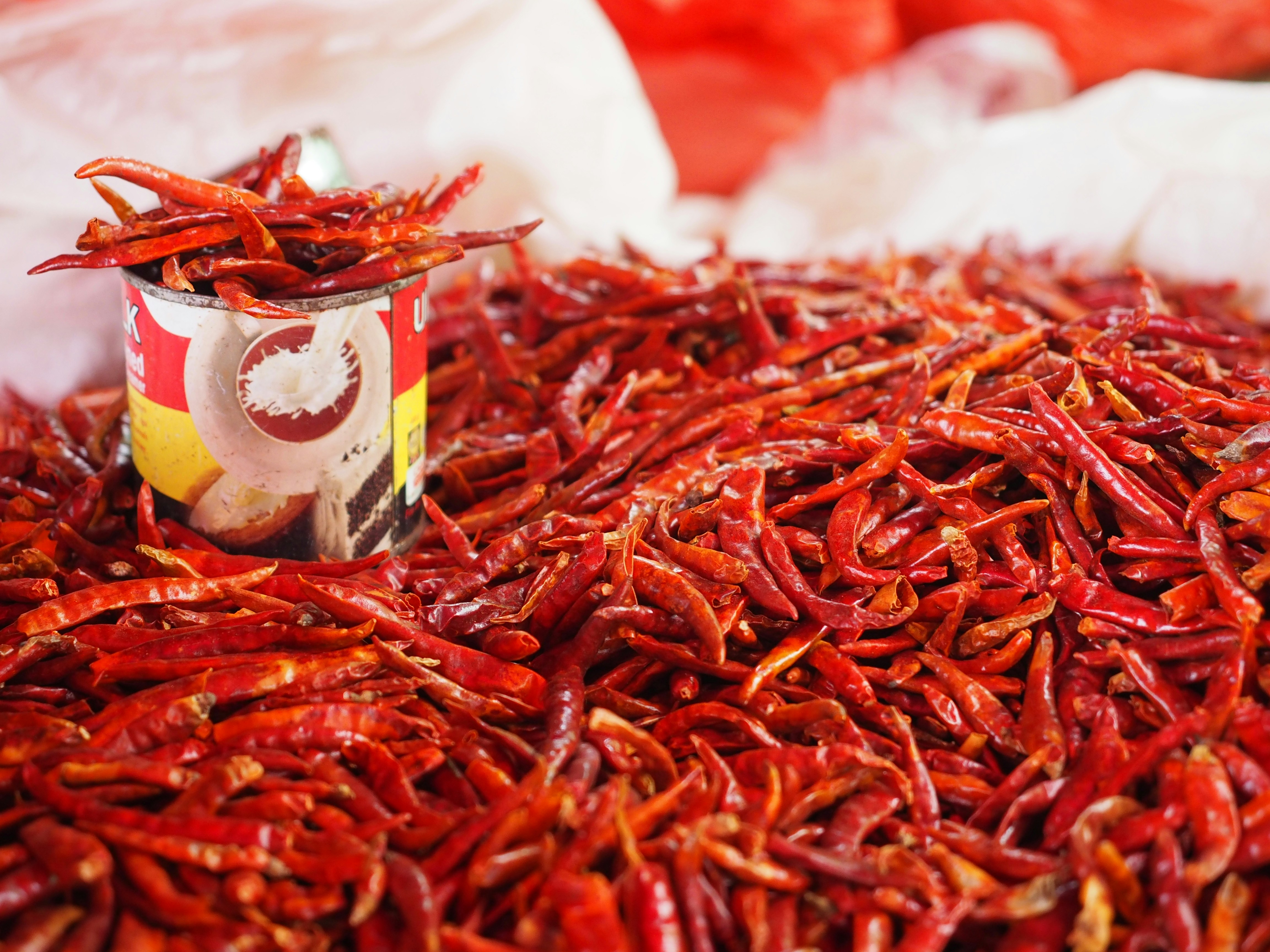 A colorful array of dried red chilies fills the frame, with a can partially submerged among the spices. The scene showcases the rich textures and hues of the market's offerings.