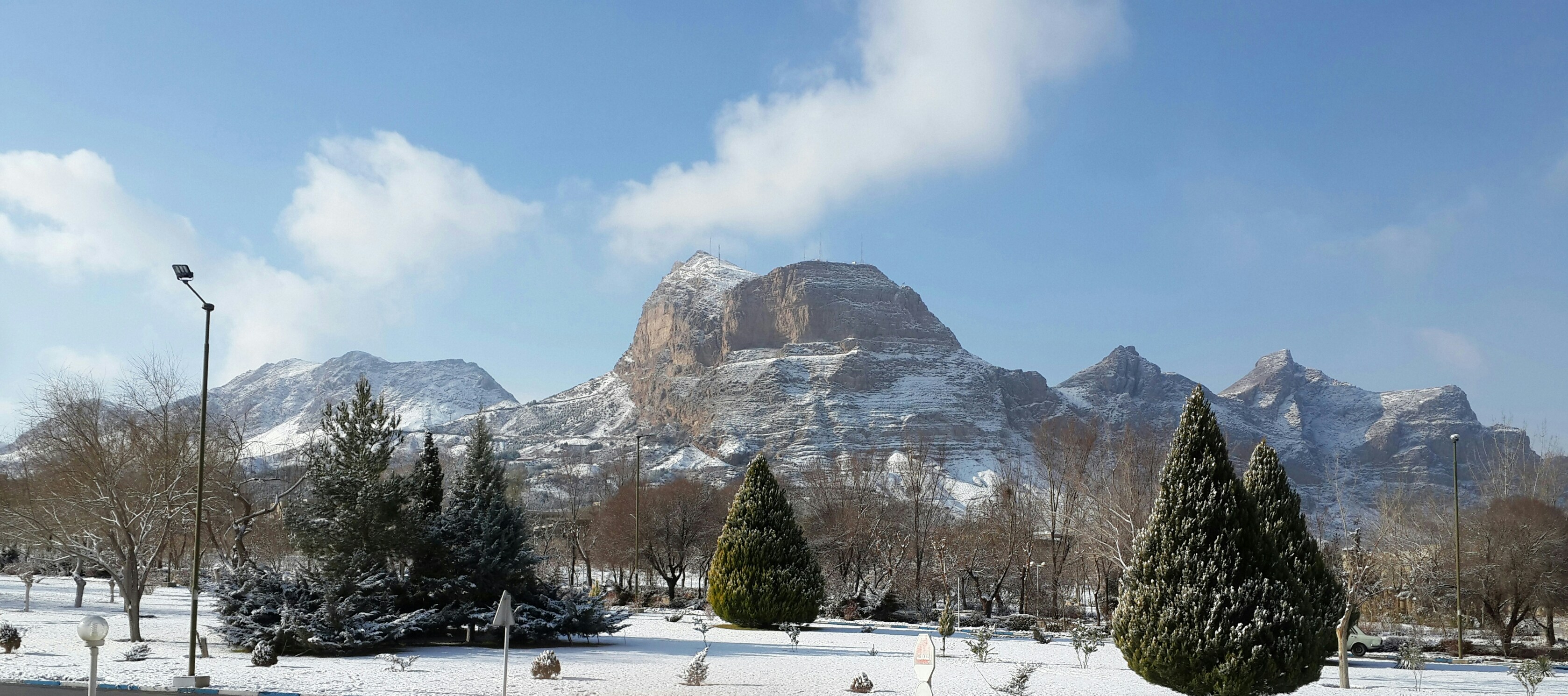 Snow-covered mountain under a clear blue sky, framed by trees in the foreground.