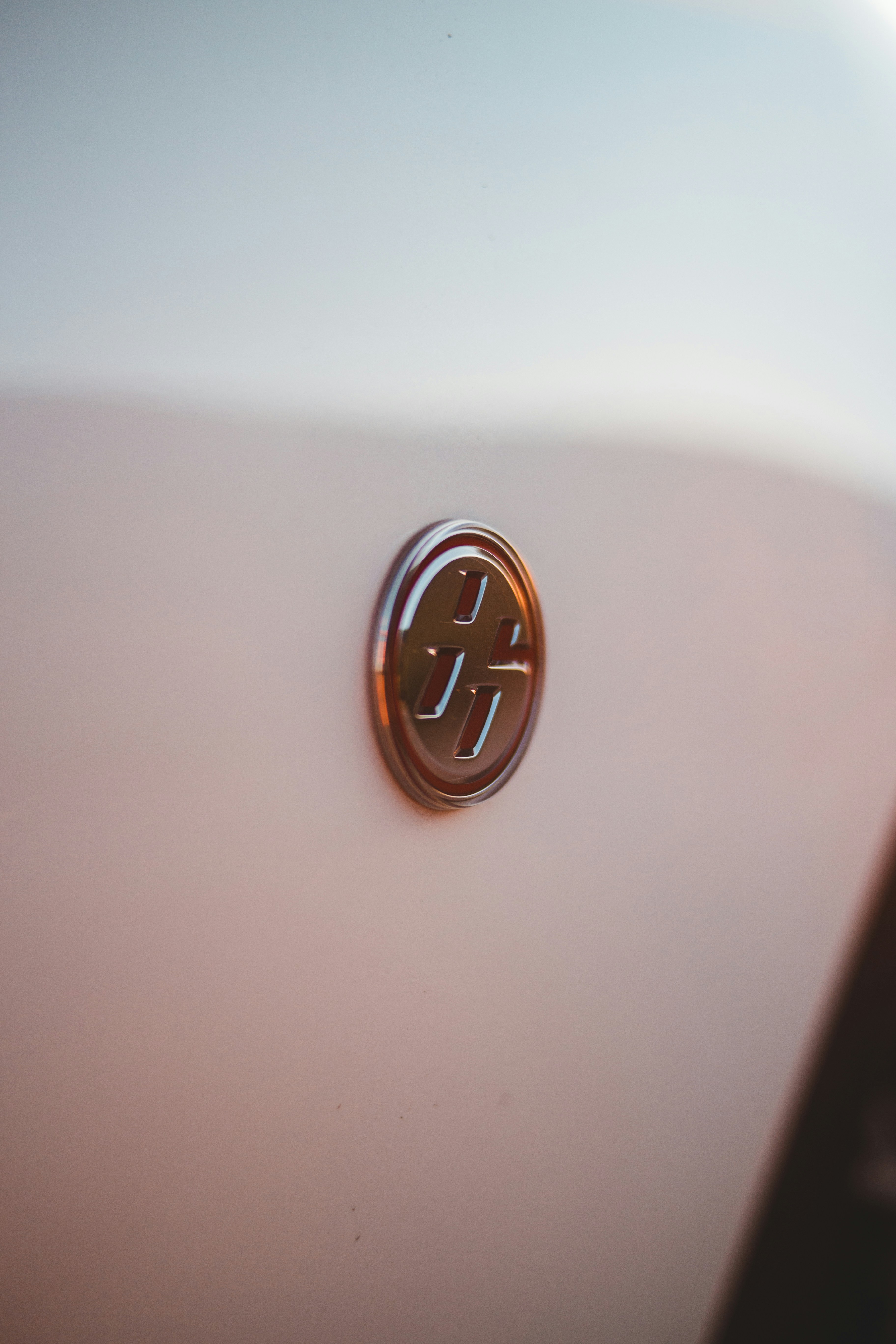 Golden-hour chrome badge on a white car panel: a close-up study