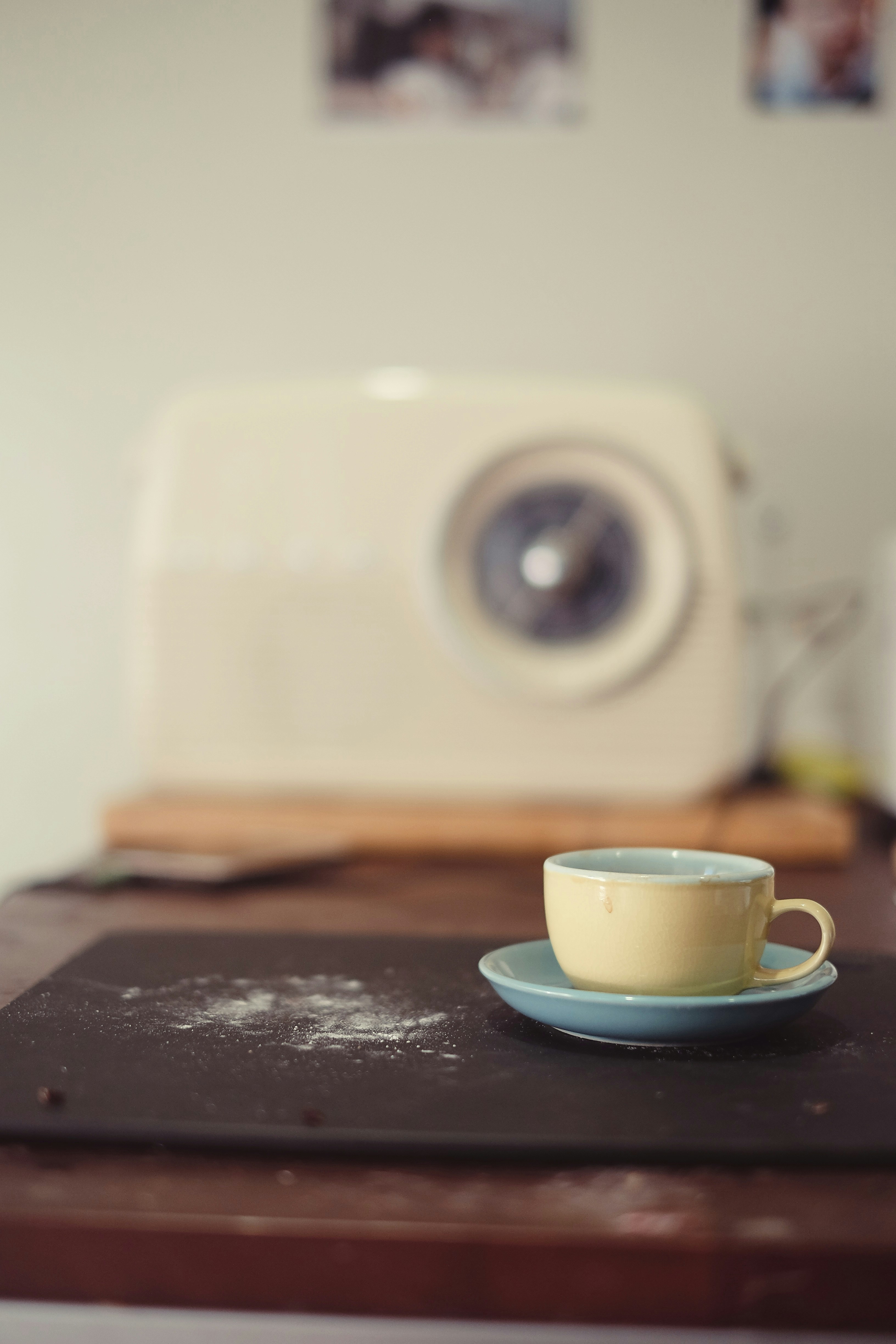 Soft Focus Morning Brew: A Cup in Focus, A Retro Kitchen in Blur