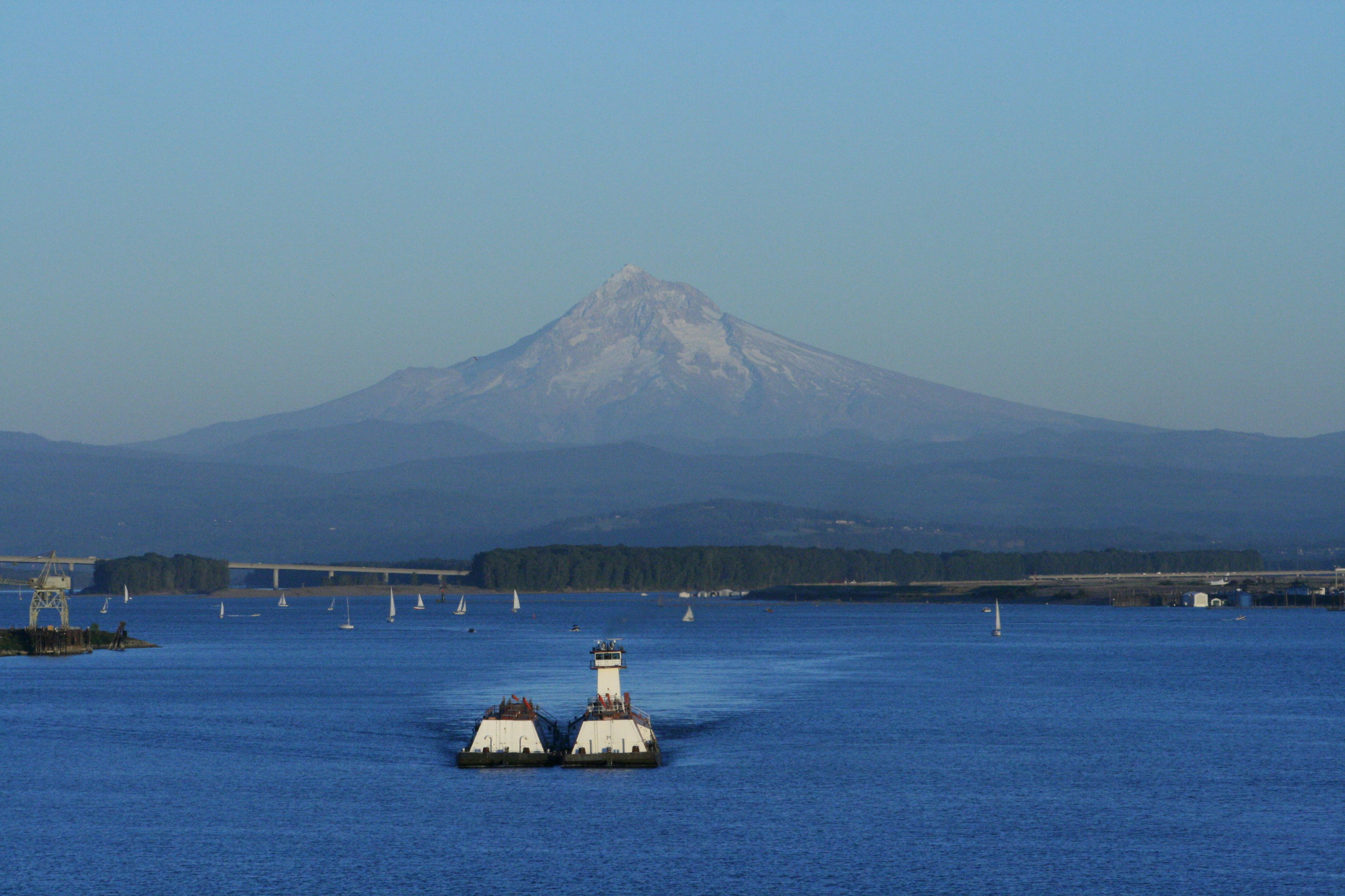 This captivating image features a serene waterway leading up to the majestic Mount Hood, with a clear blue sky enhancing the tranquil atmosphere. The composition is balanced with sailboats scattered across the vivid blue water and lush greenery framing the scene. The lighting captures the mountain's rugged texture and the water's gentle ripples, making the image visually striking and peaceful.