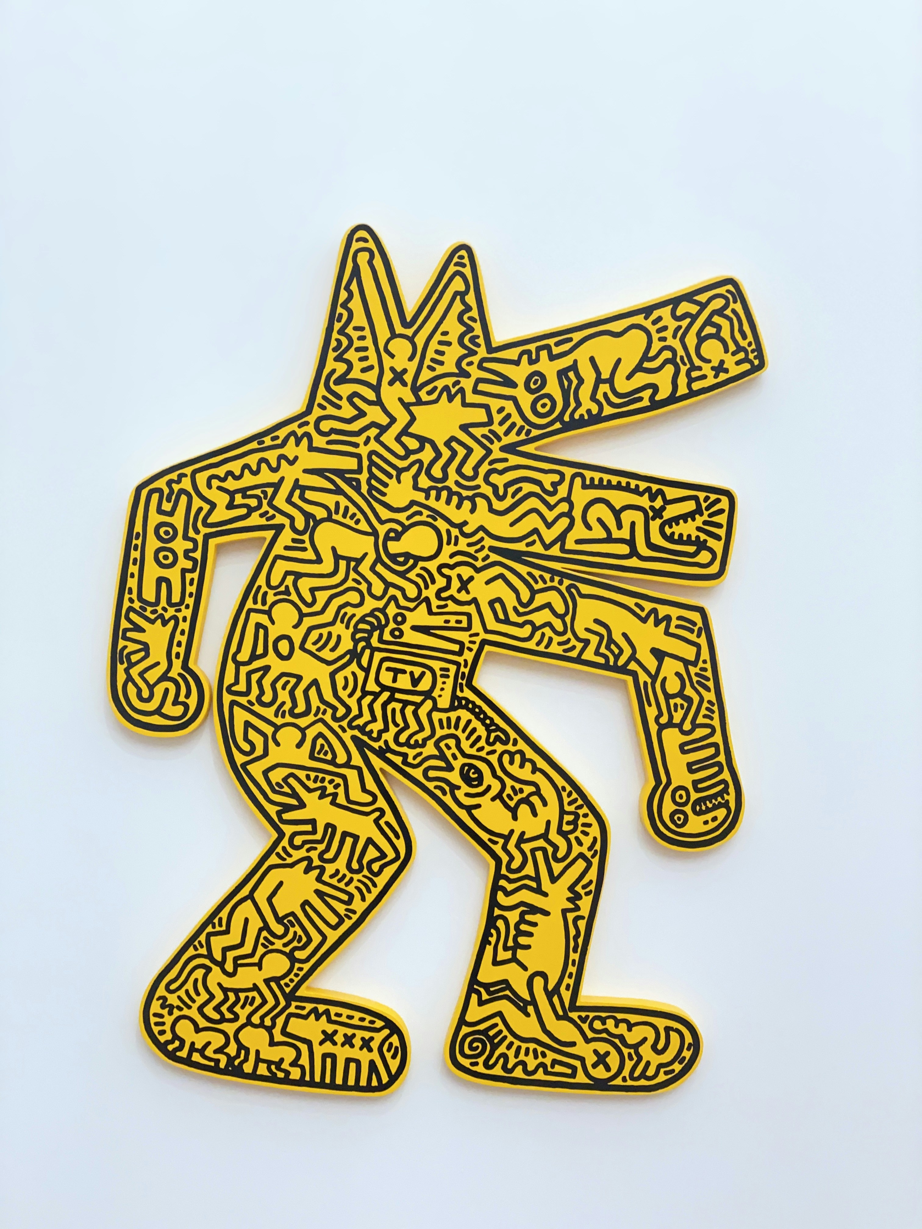 Yellow Glyph Walker: A doodle-filled pop-art silhouette on a blank stage