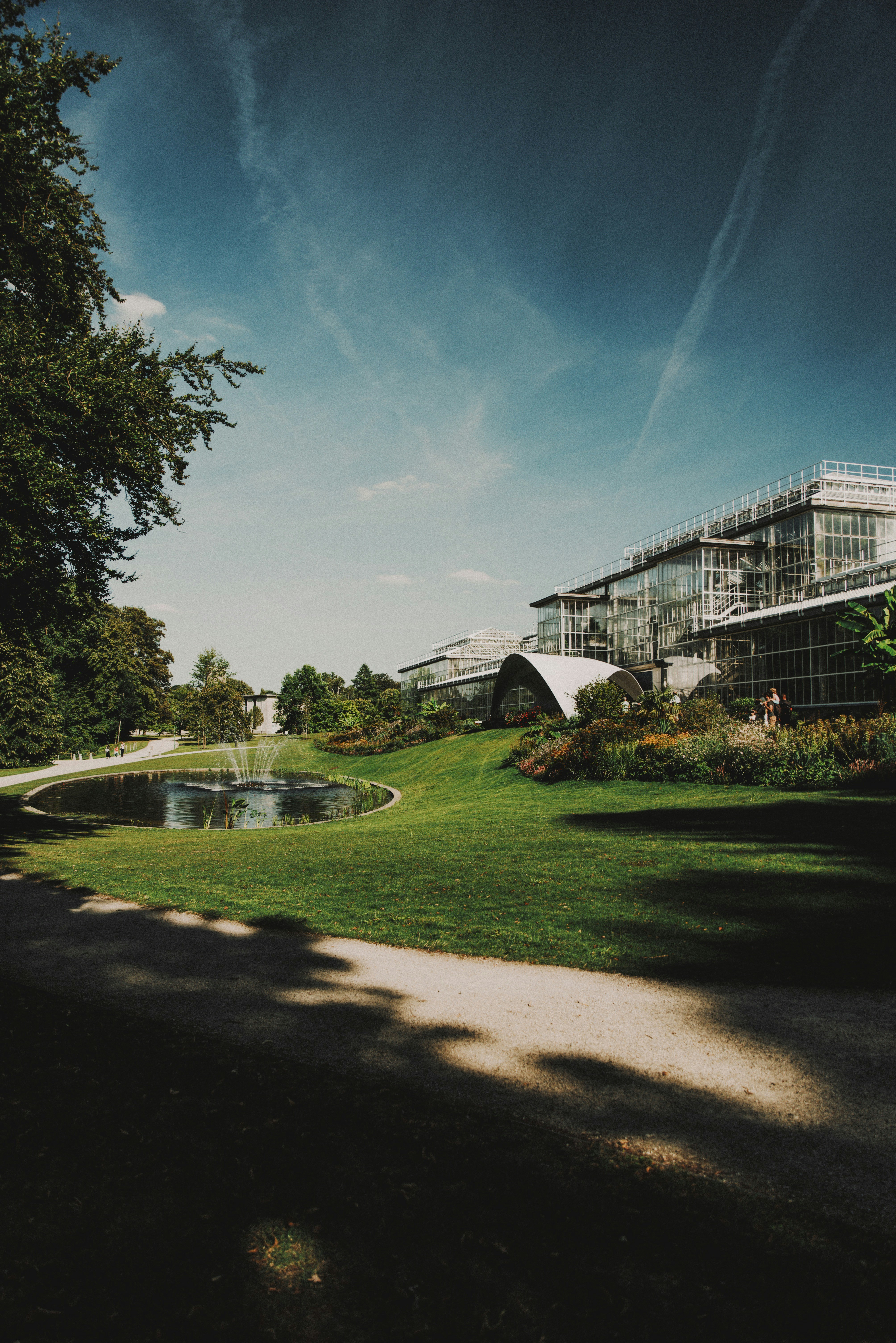 Modern glass buildings nestled among lush greenery and a serene pond, showcasing a blend of natural beauty and architectural innovation.