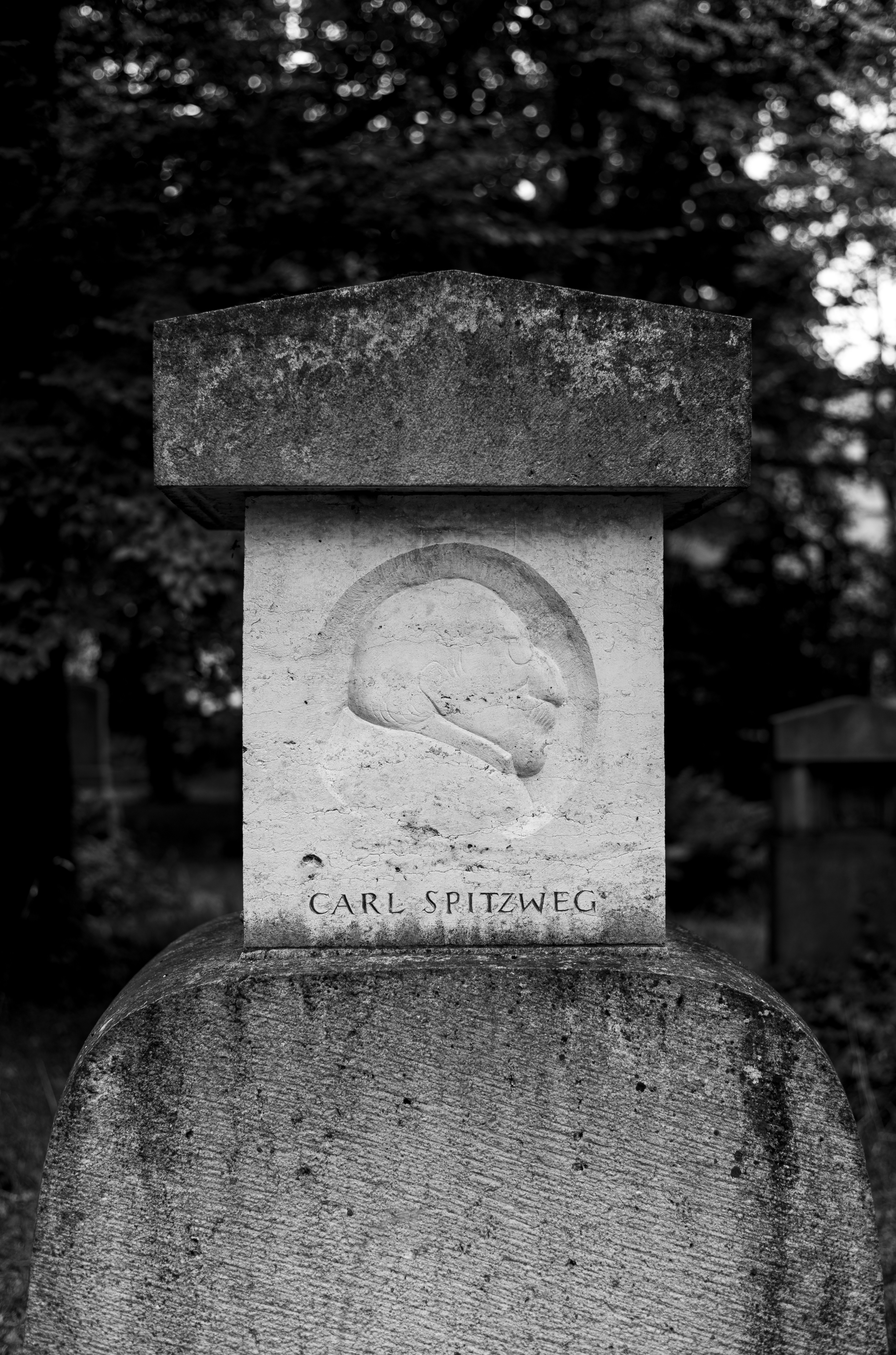 Weathered Stone Portrait: Carl Spitzweg’s Memorial in Quiet Gray