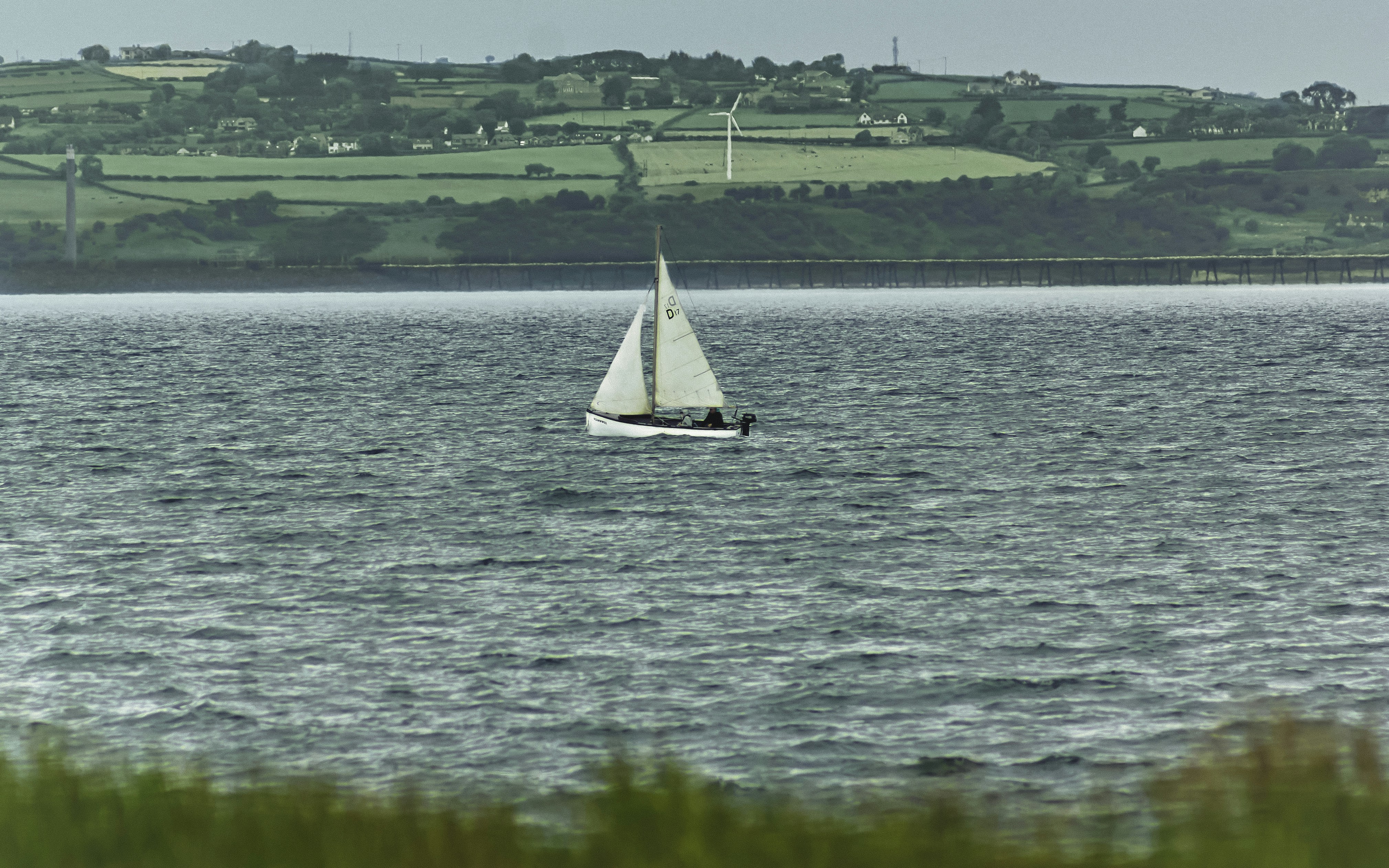 A sailboat sails into Belfast Lough from the Irish sea between the coasts of County Down and County Antrim (in the background) on a dreary, mizzly summer's afternoon (Jun., 2019).