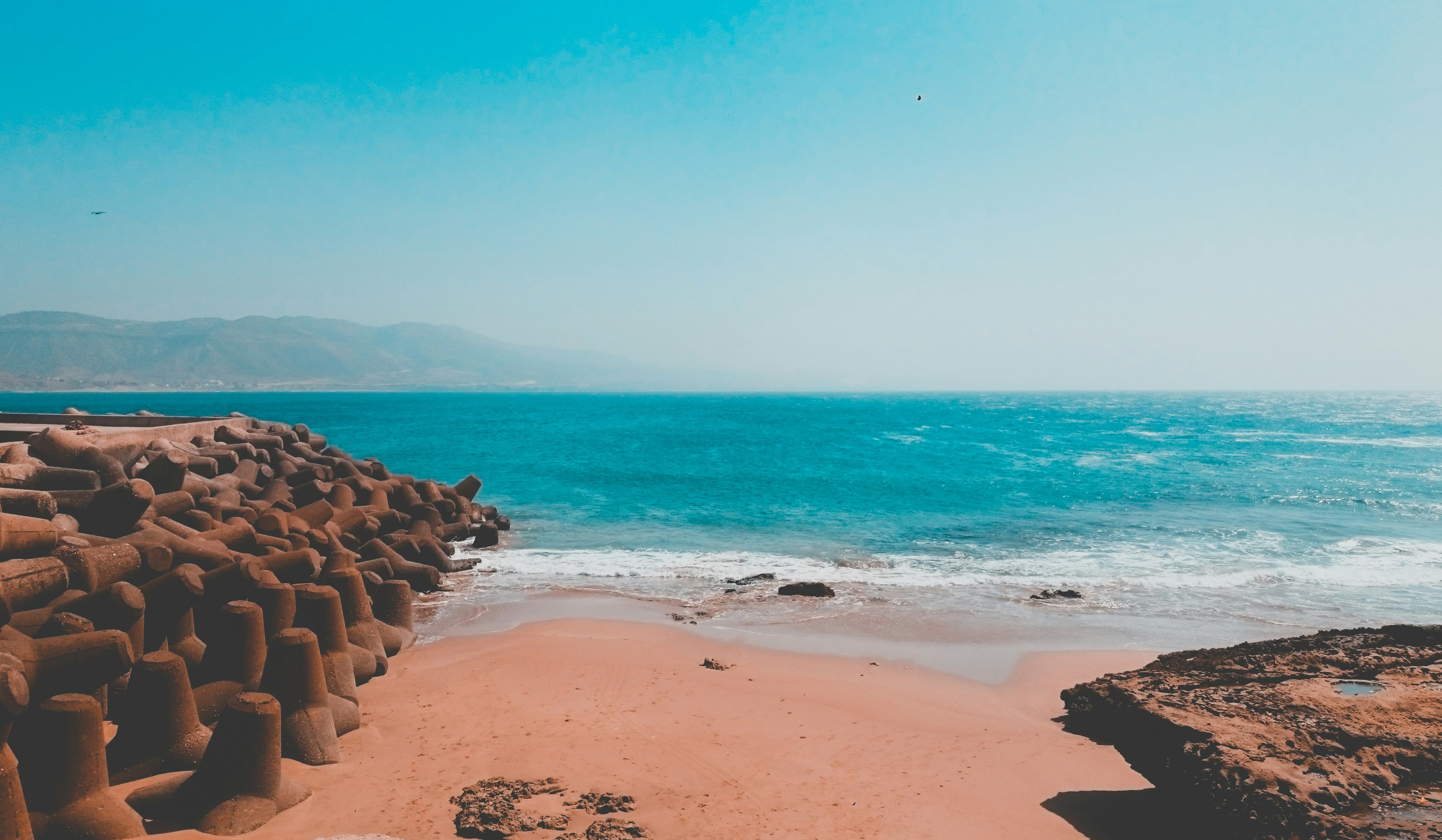 Coastline with geometric concrete tetrapods lining the shore under a clear blue sky.