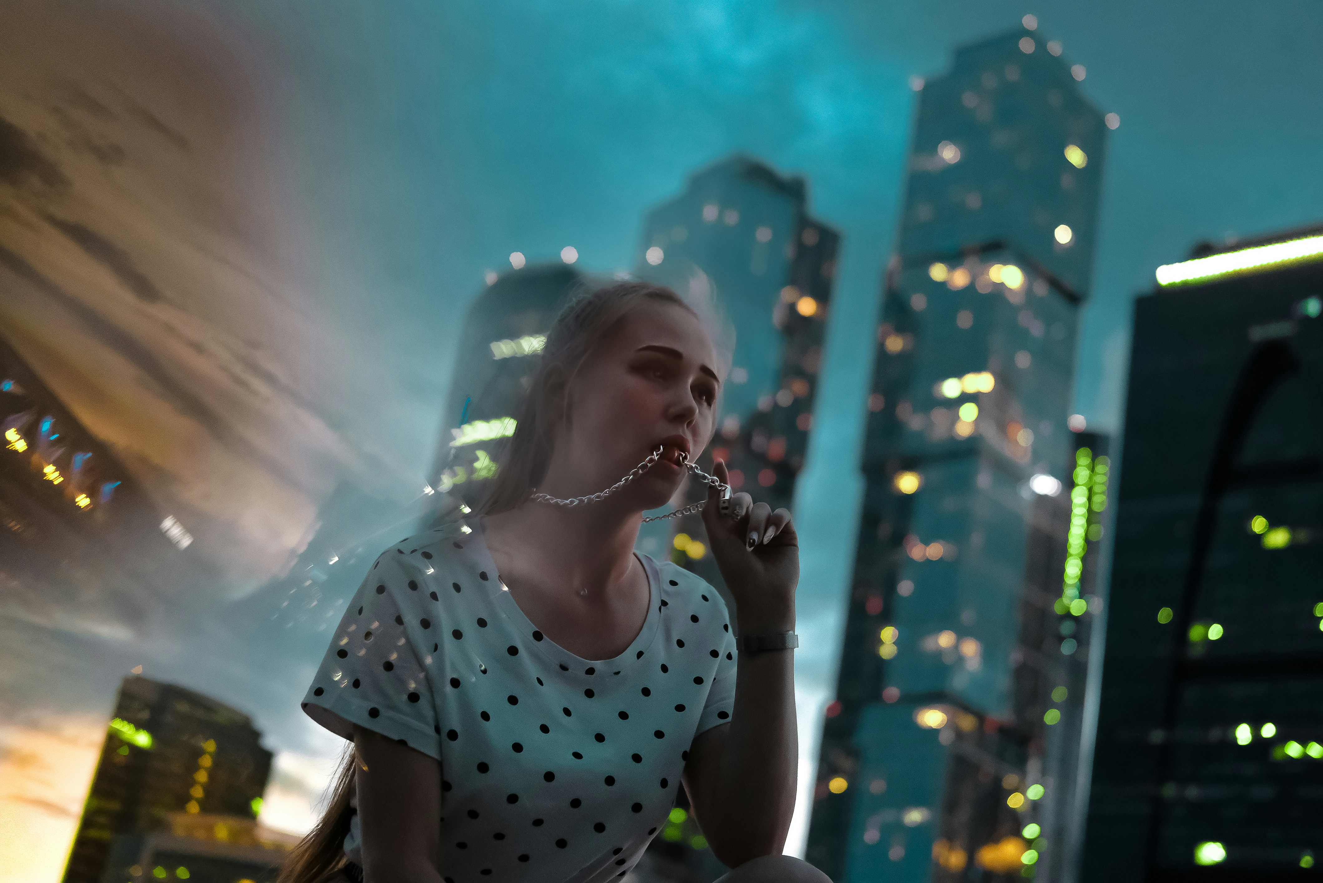 Polka-Dot Portrait in a Neon Skyline