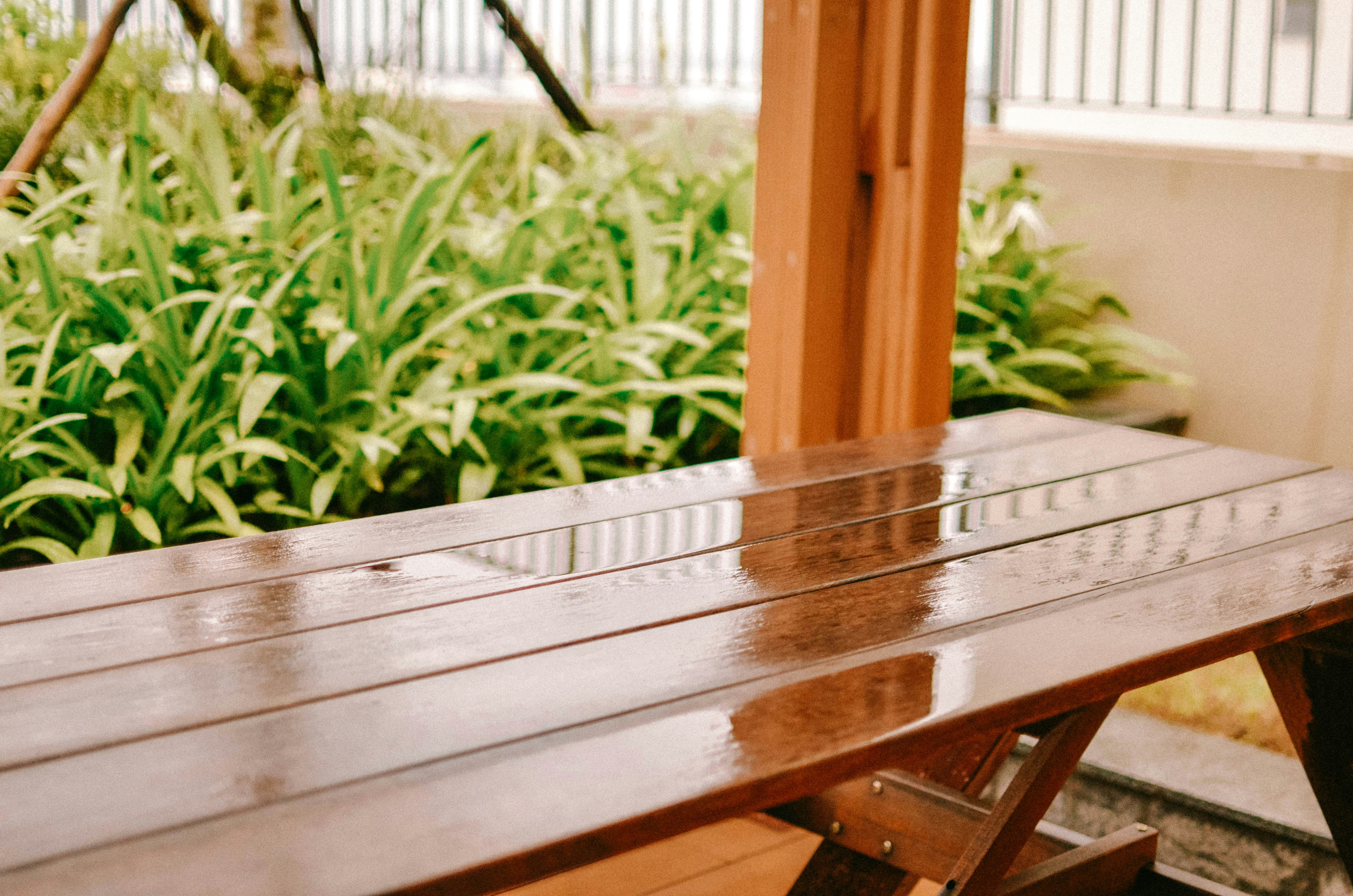 brown wooden table near green plants during daytime