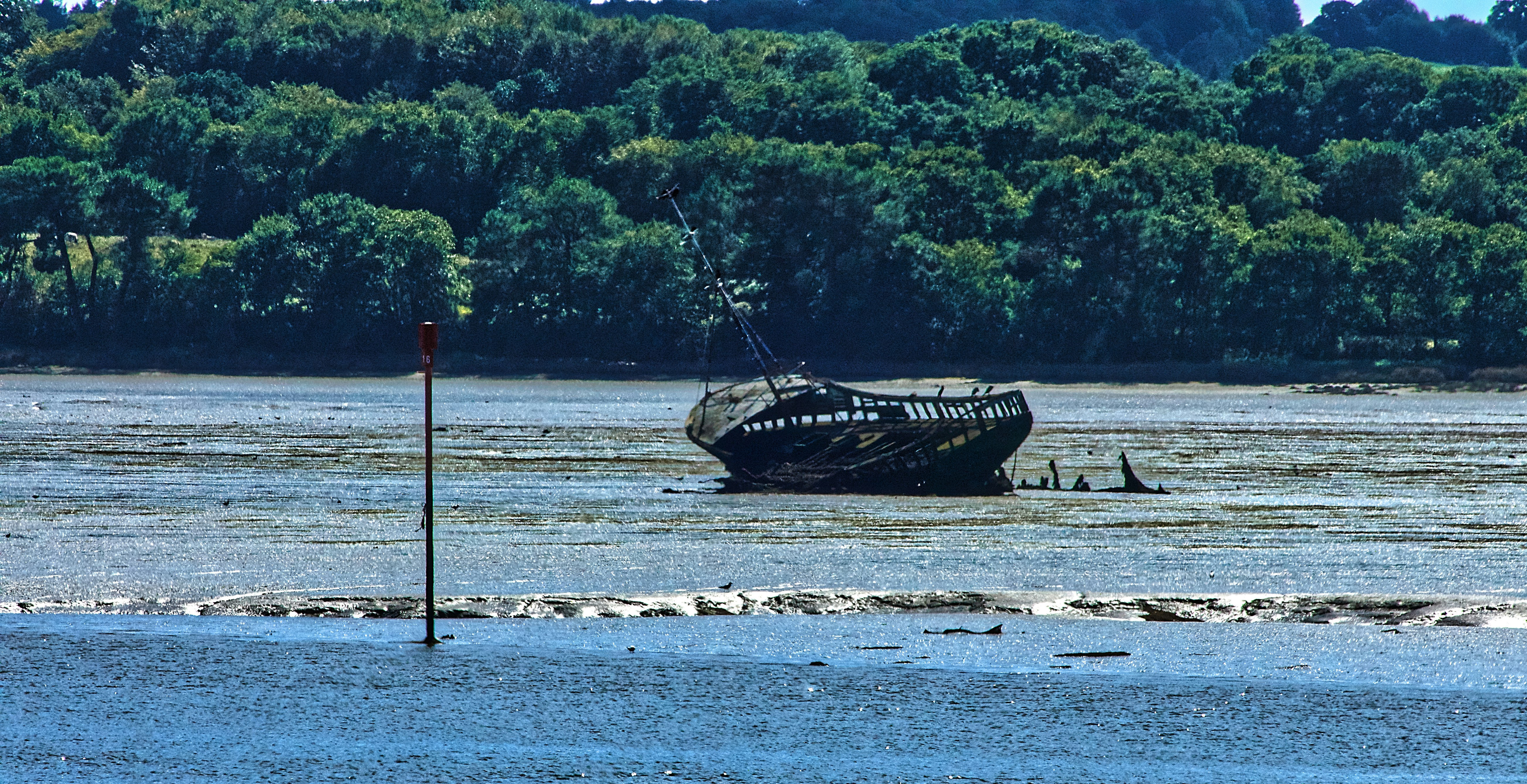 Wrecked Sailboat Resting in Tidal Waters