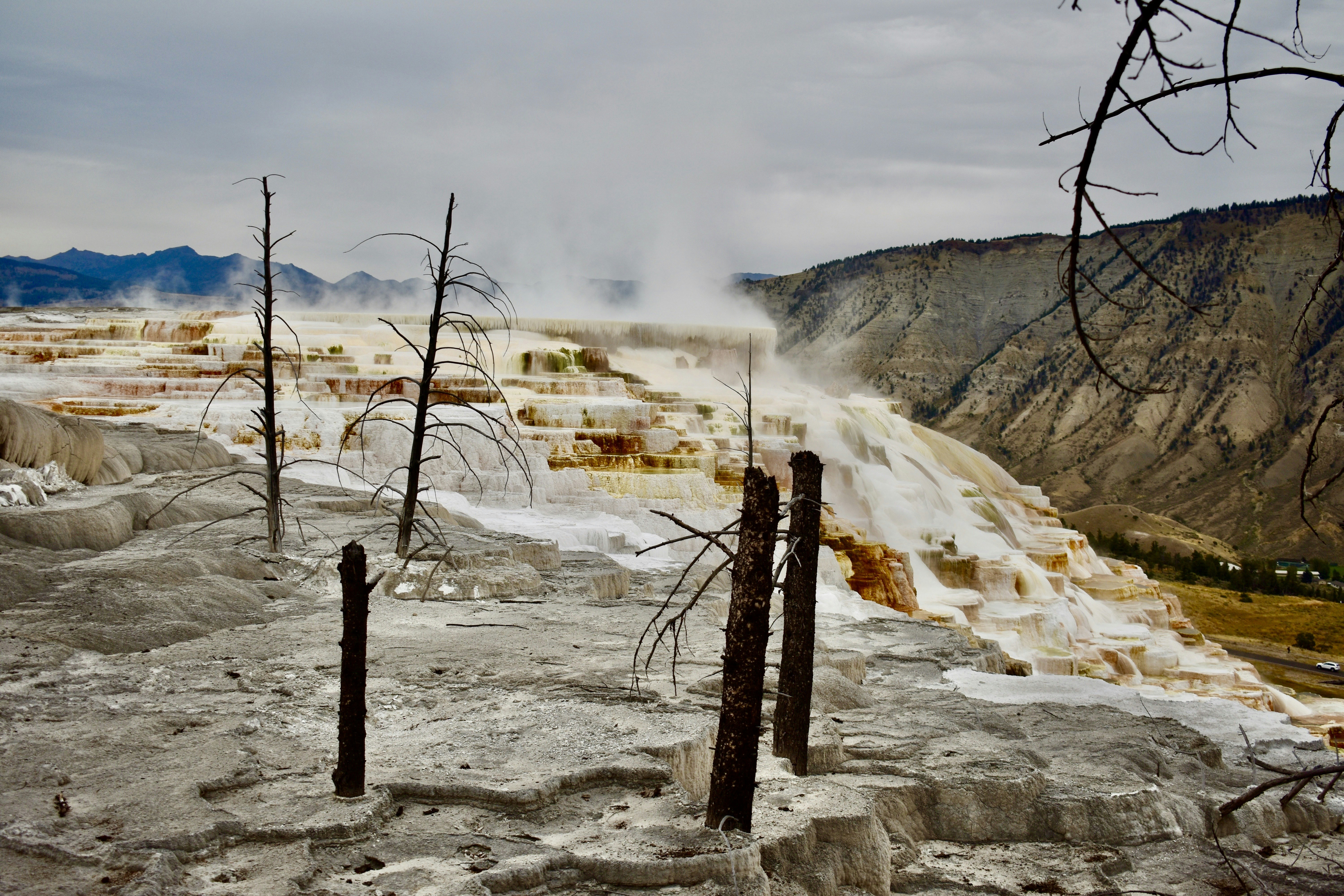Steam rises from colorful geothermal terraces beneath a cloudy sky.