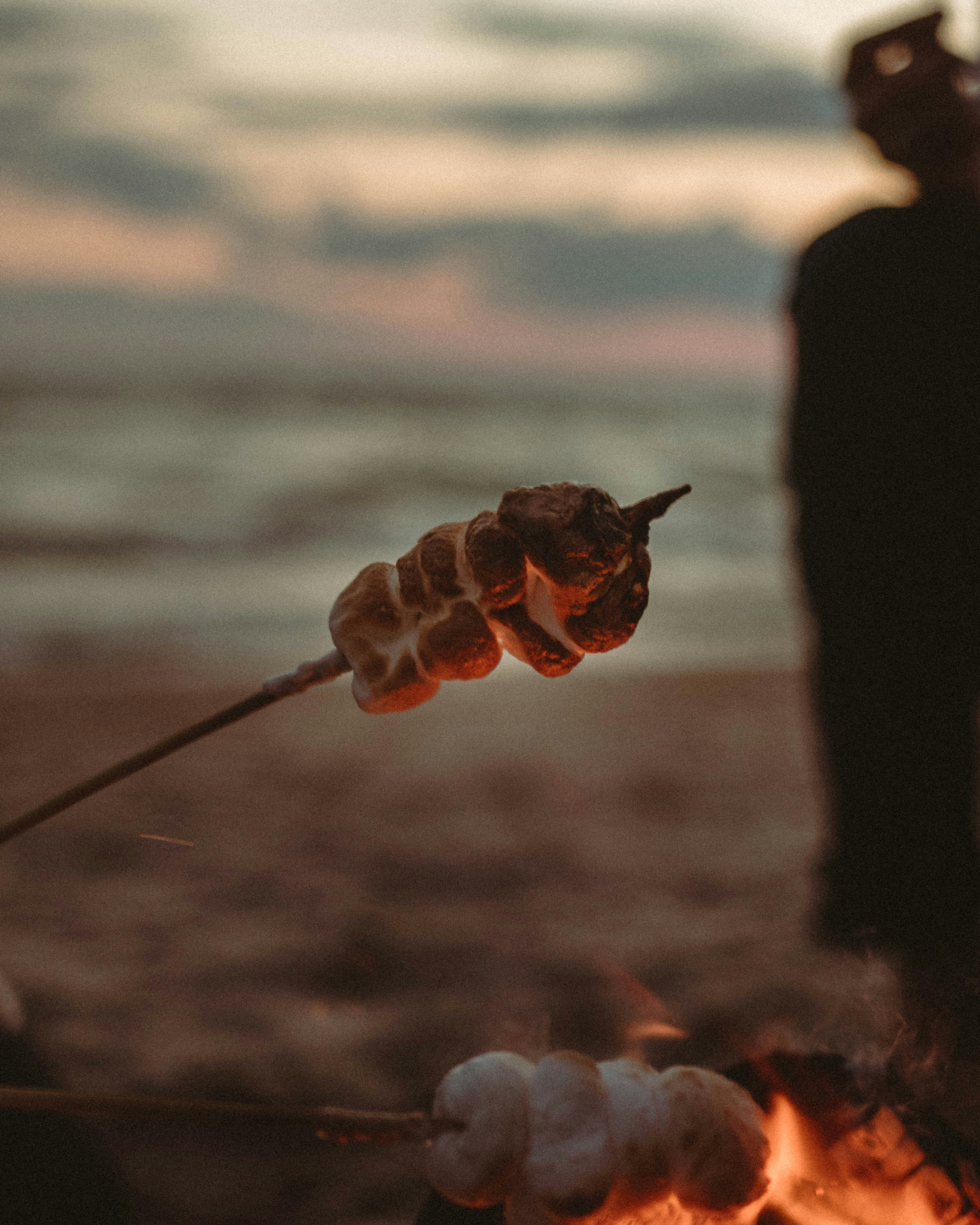  ember on a stick: a late-sunset skewer beside a shadowed figure