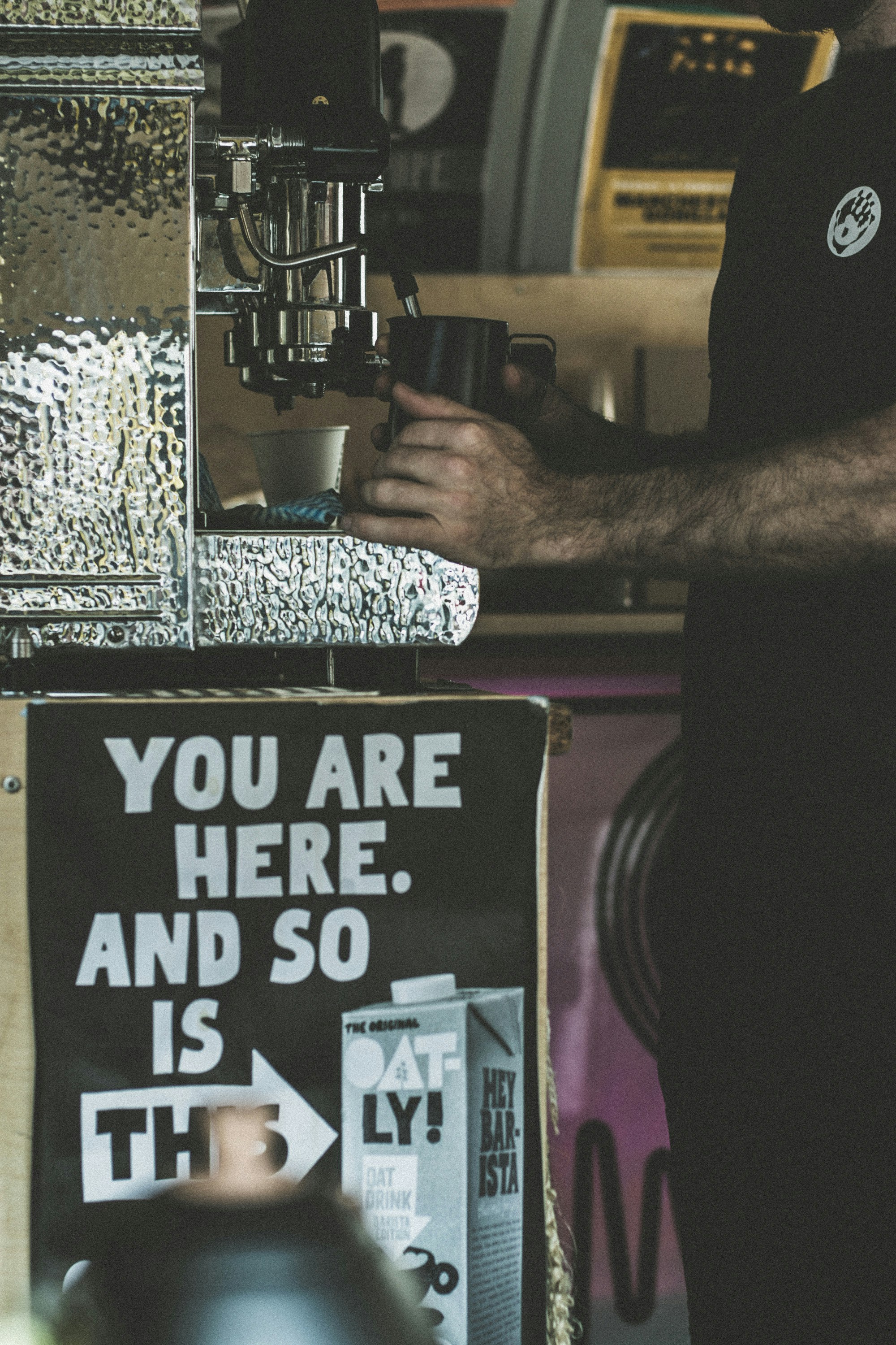 Espresso Ritual at the Counter: Steam, Steam, Signage