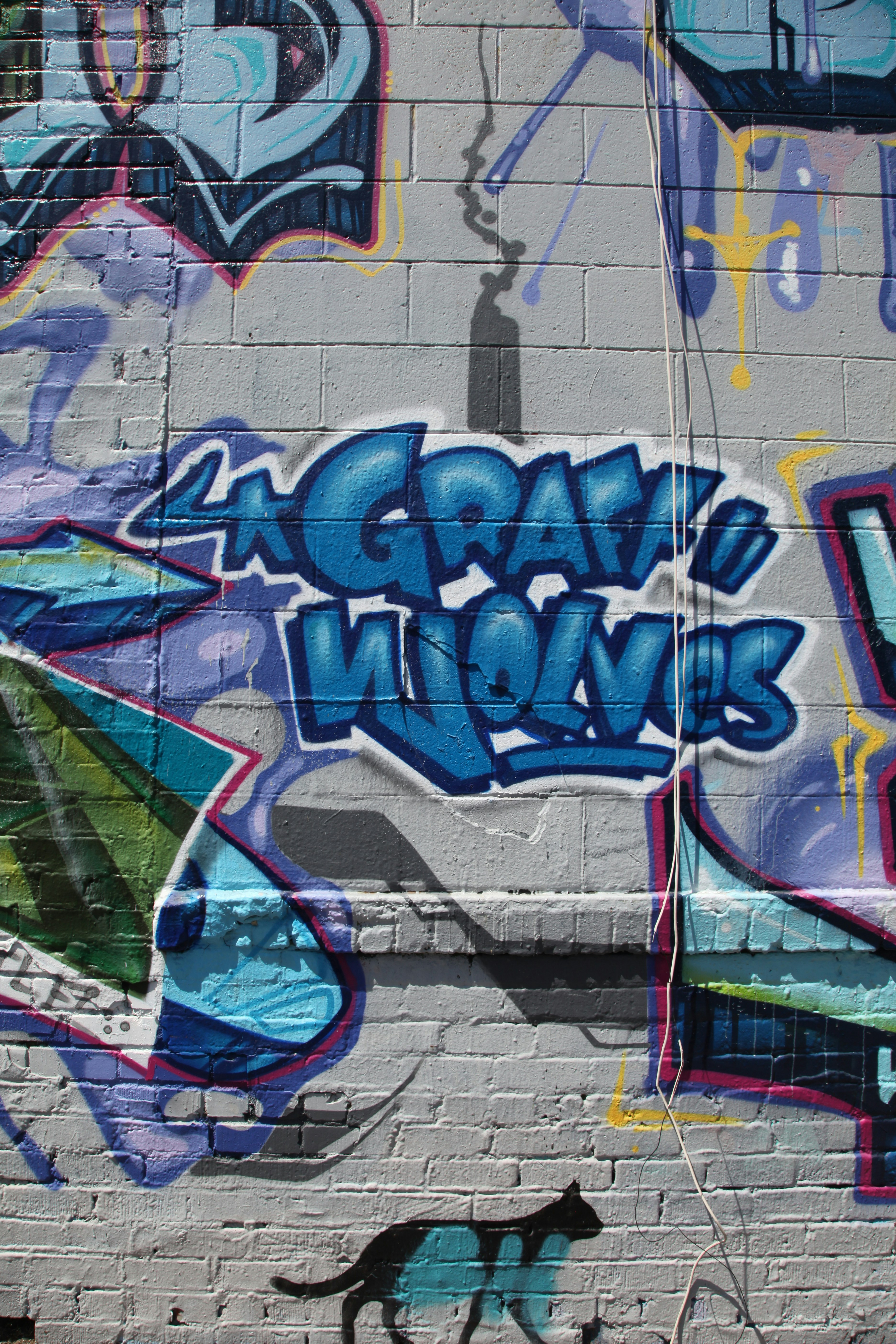 Blue Graffiti Script: The Word 'GRAK NUKES' Amid Neon Murals