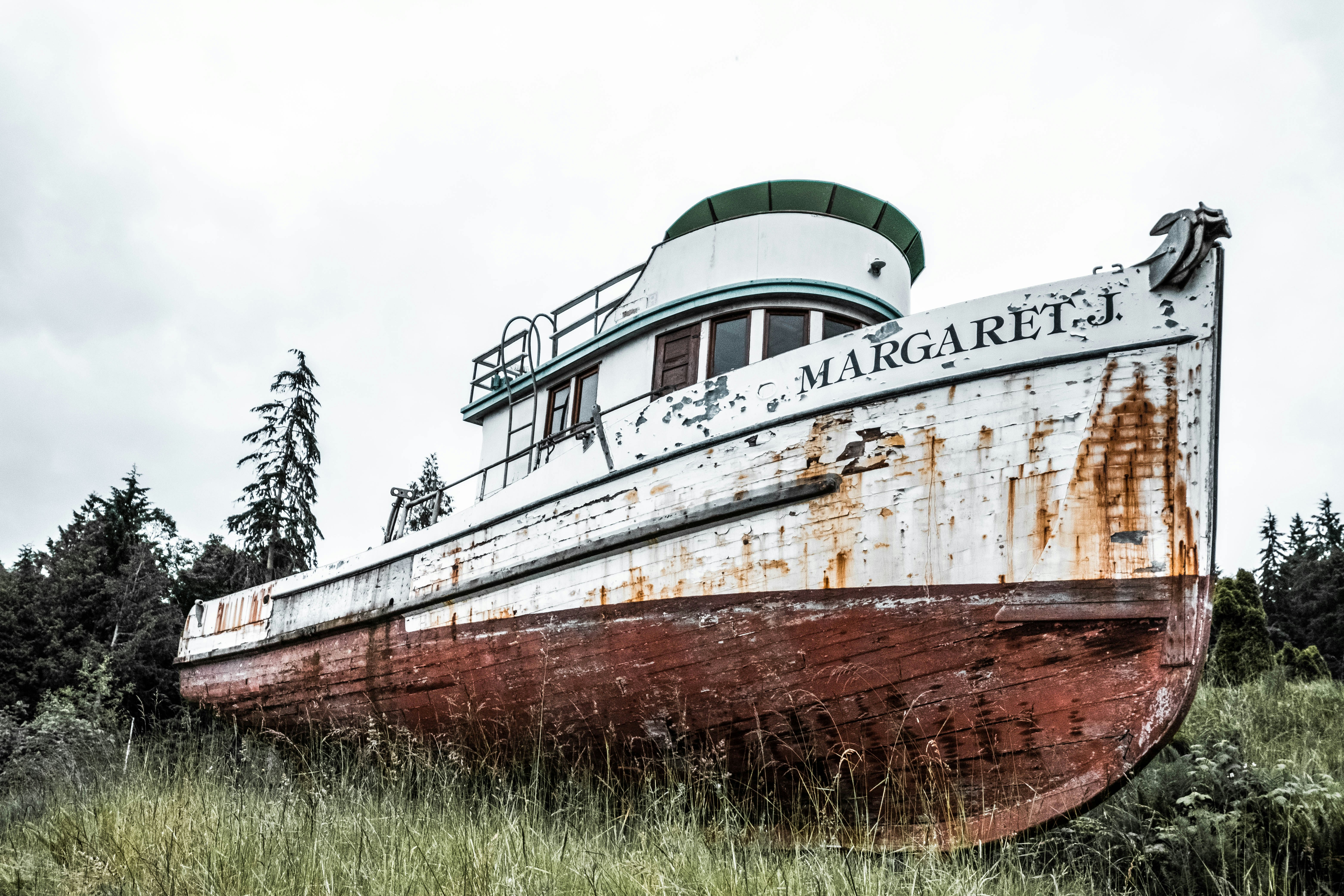 Muted Vessel: An Abandoned Tug Resting in Tall Grass