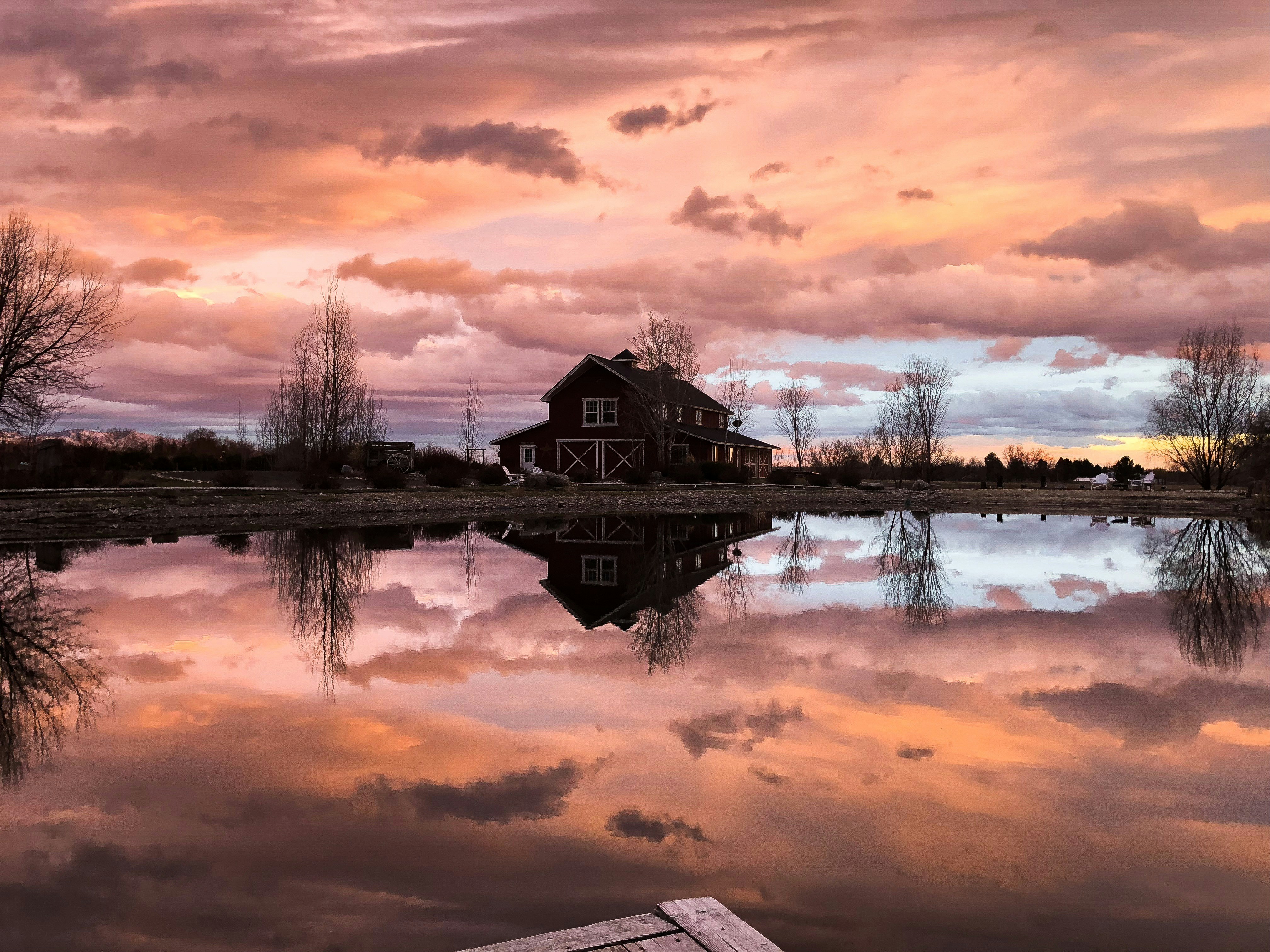 Twilight Barn in a Velvet Sky Reflected on a Quiet River