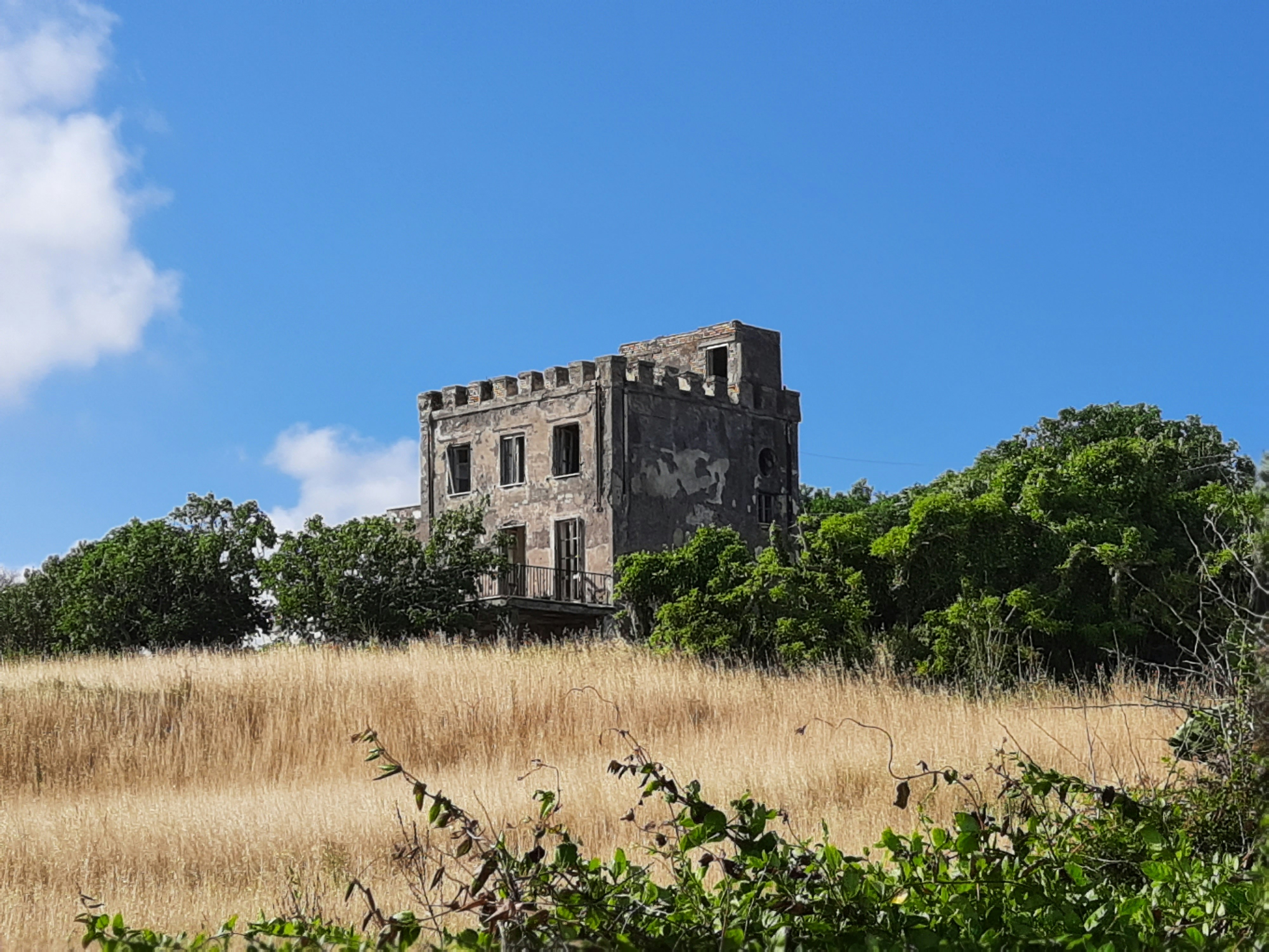 A weathered fortress stands amidst golden grass and lush greenery against a clear blue sky.