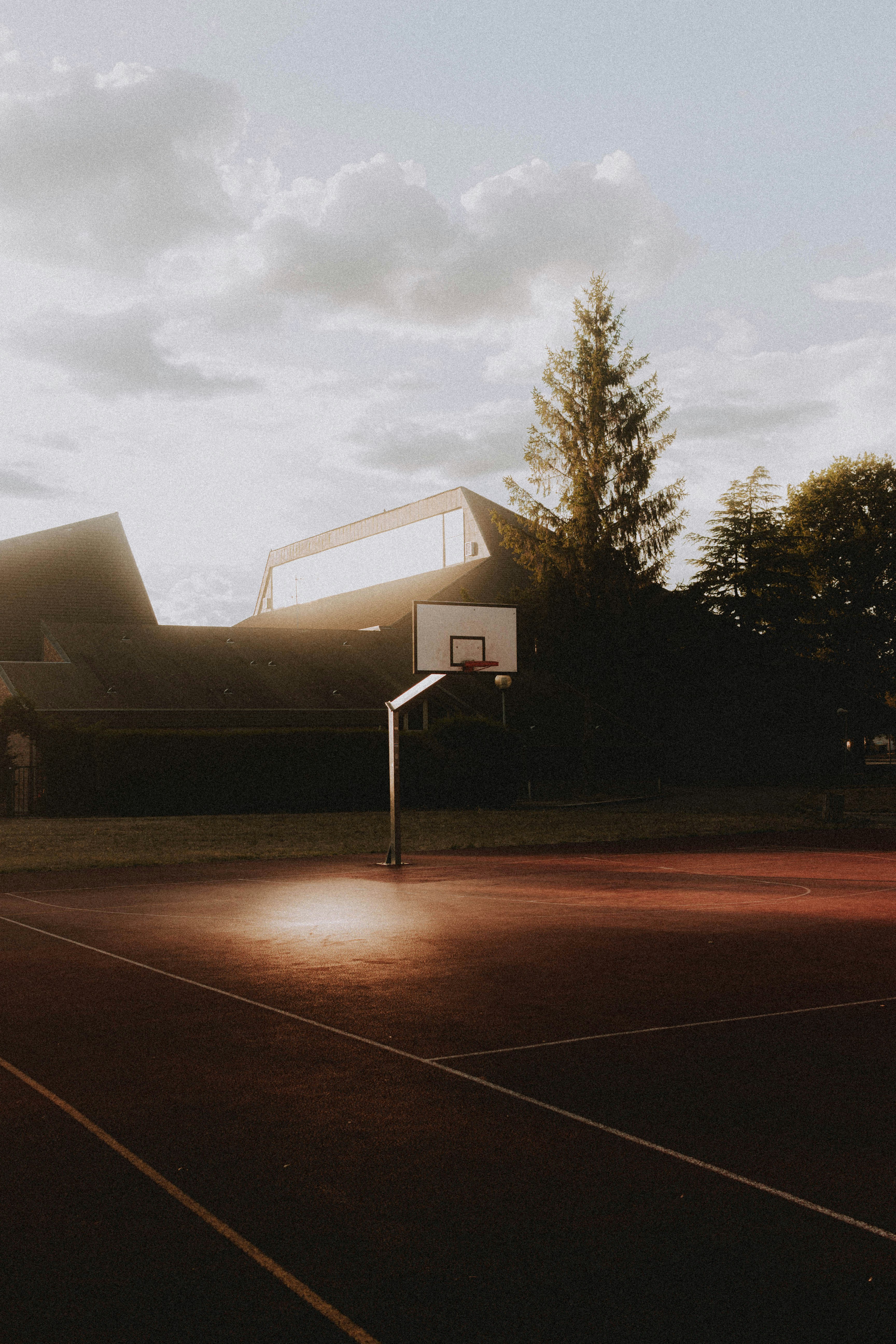 A basketball hoop stands illuminated on a quiet court, surrounded by shadowy trees and a backdrop of modern architecture. The scene captures the essence of solitude and anticipation.