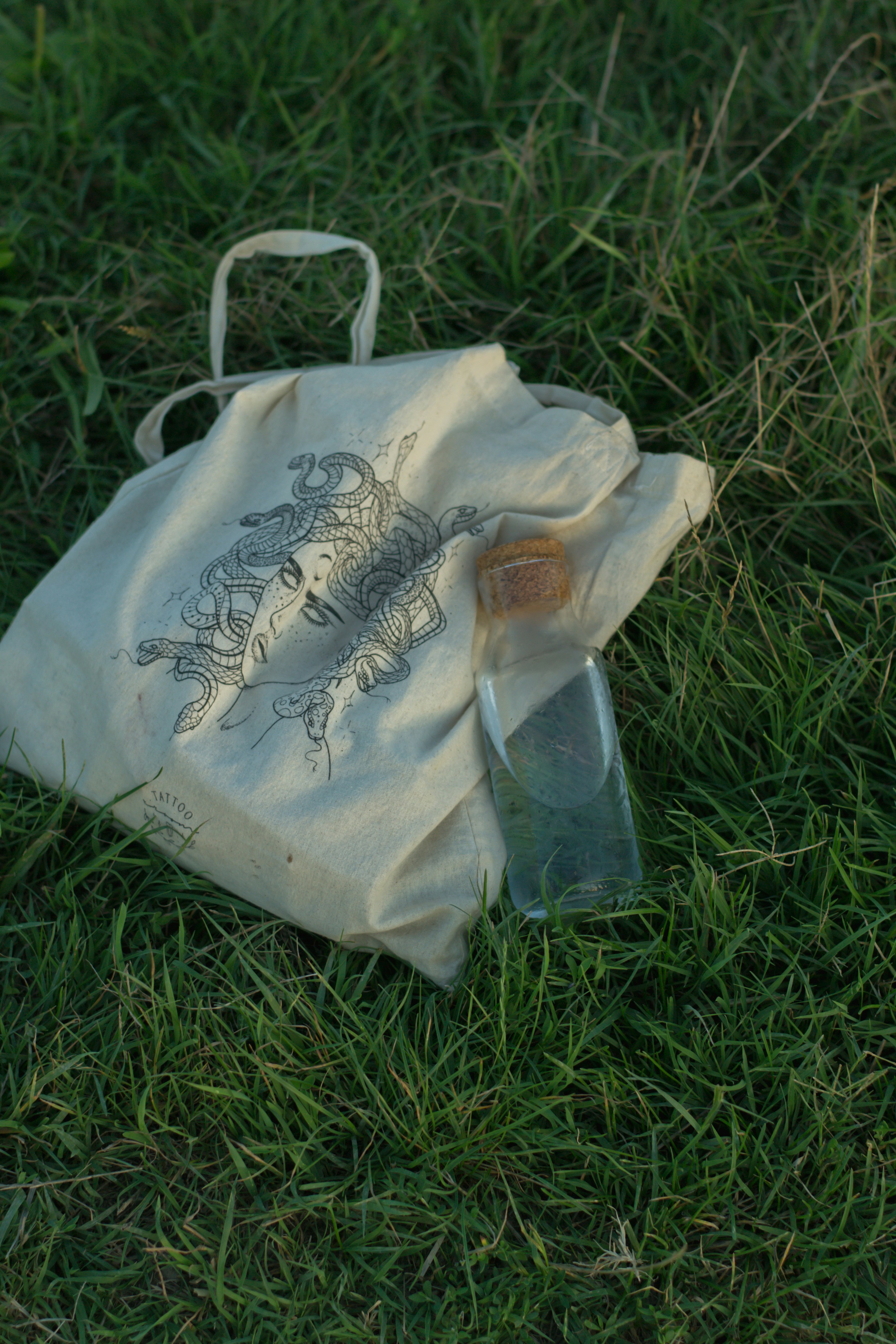 A stylish canvas bag adorned with an intricate illustration rests beside a glass bottle on lush grass. The composition highlights a harmonious blend of art and nature.