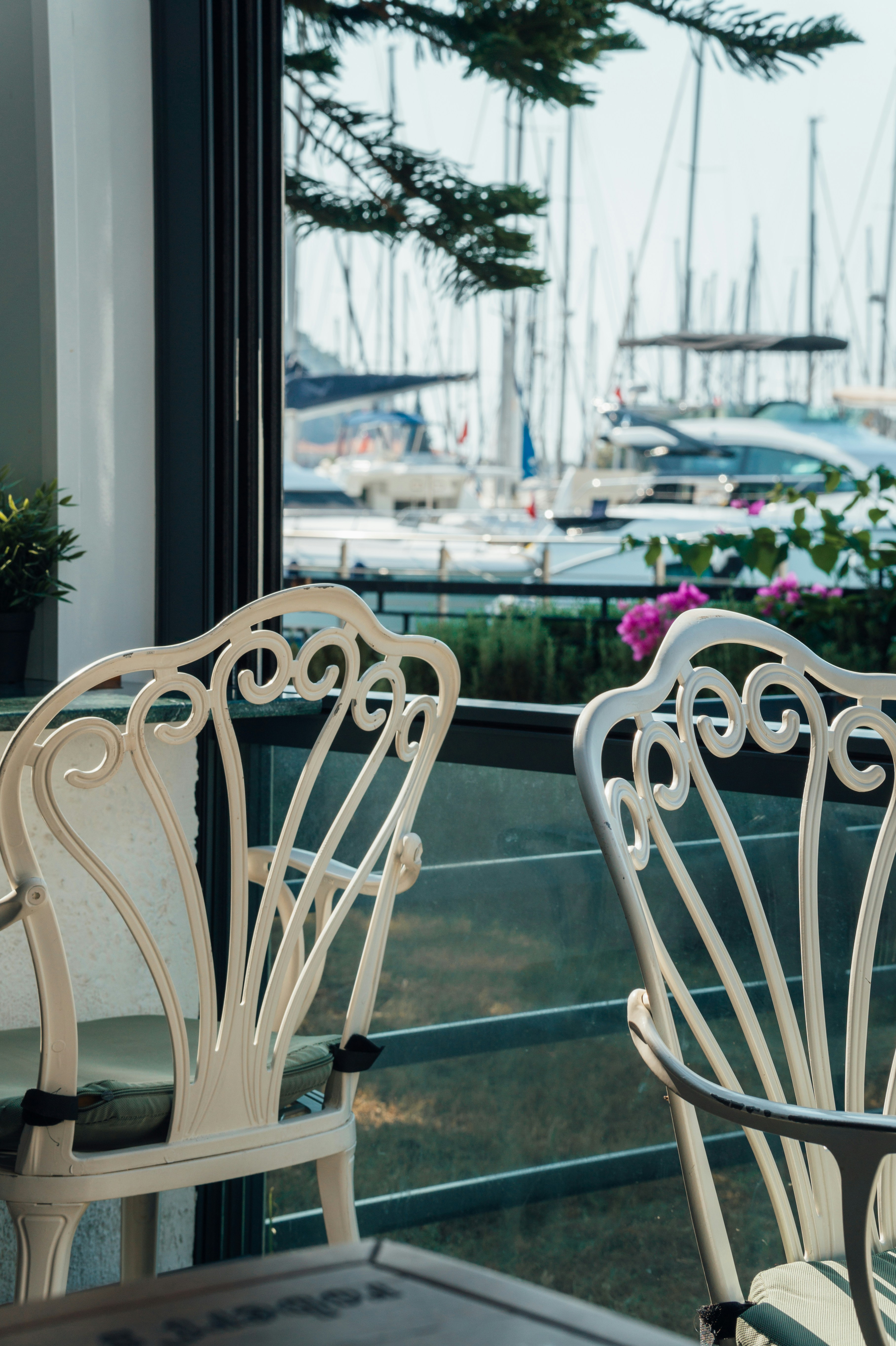 Cozy Harbor Courtyard: White wrought-iron chairs with marina backdrop