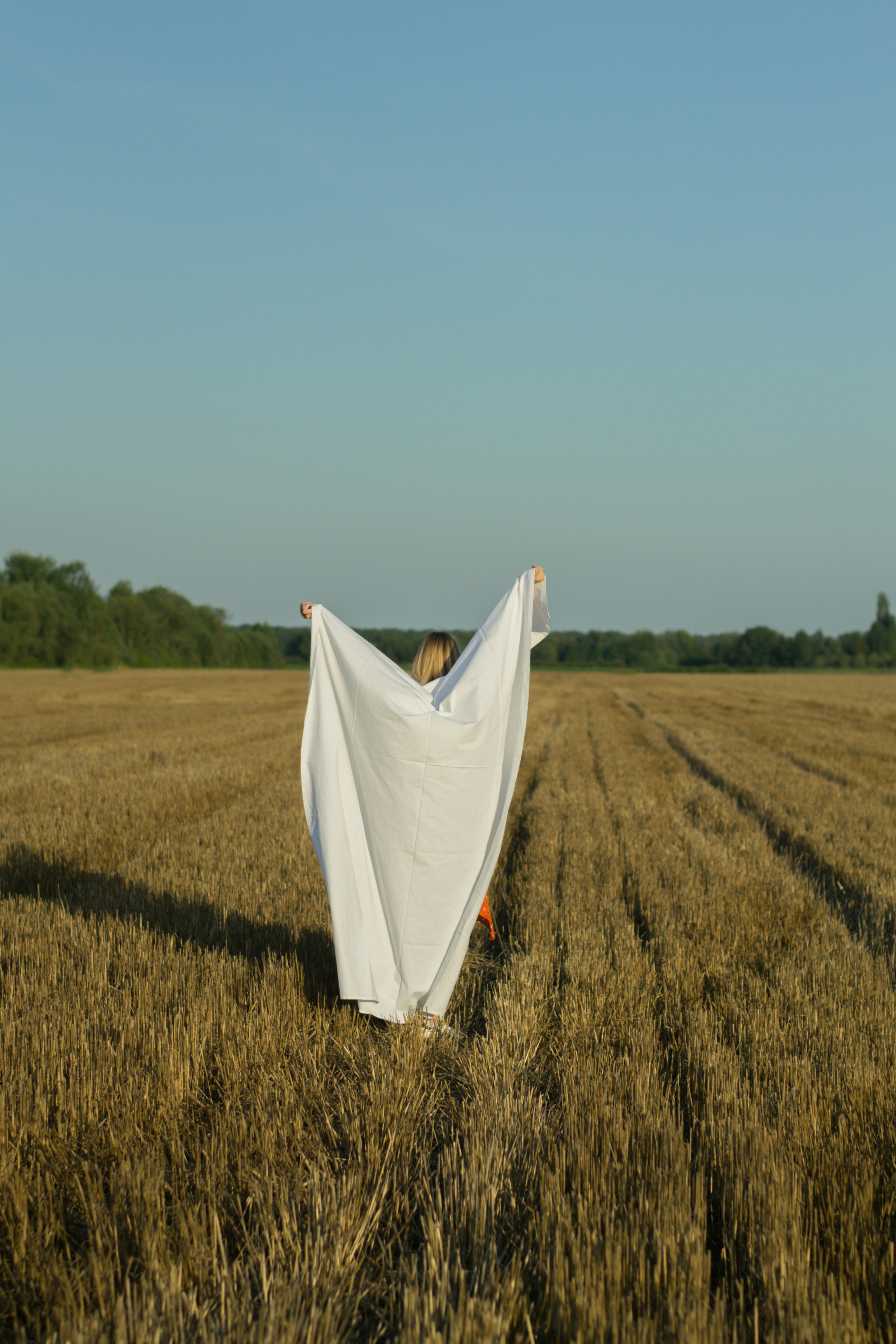 Person holding a white sheet in a sunlit field with a clear blue sky.