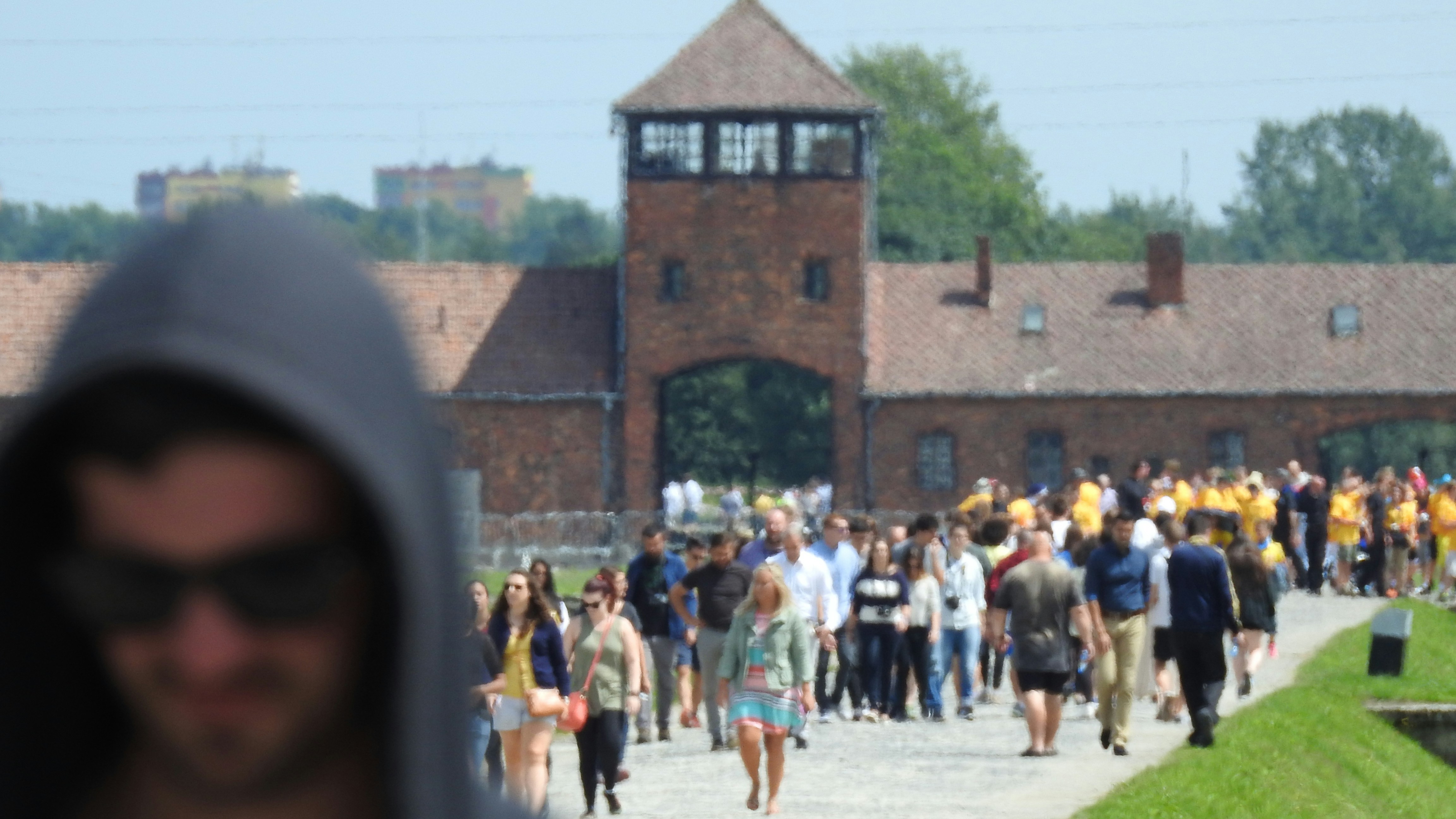 Crowd Crossing the Auschwitz Gate: A Quiet Moment Beneath a Fading Sun