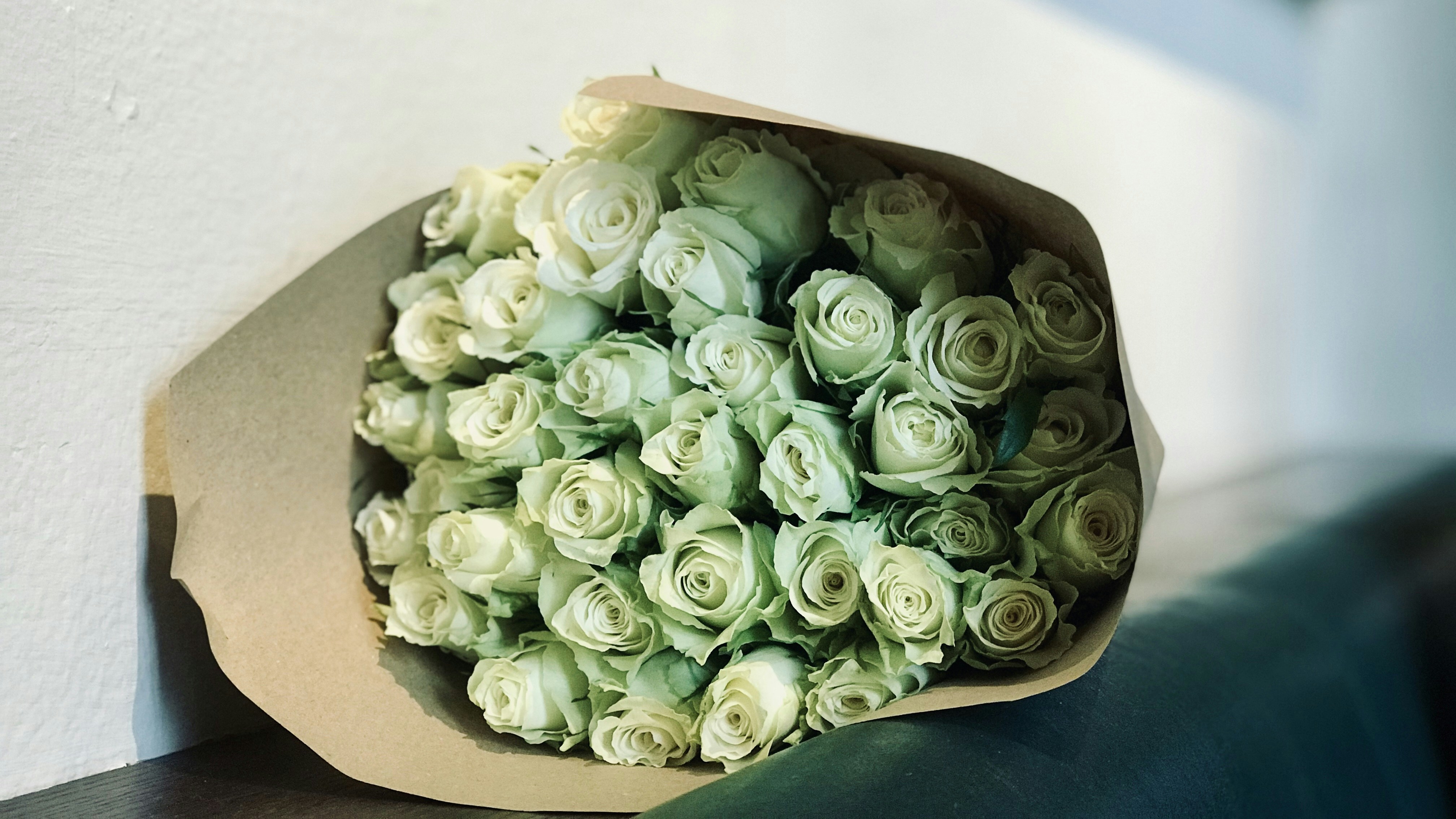 Green roses bouquet on brown cardboard box photo – Free Flower Image on ...