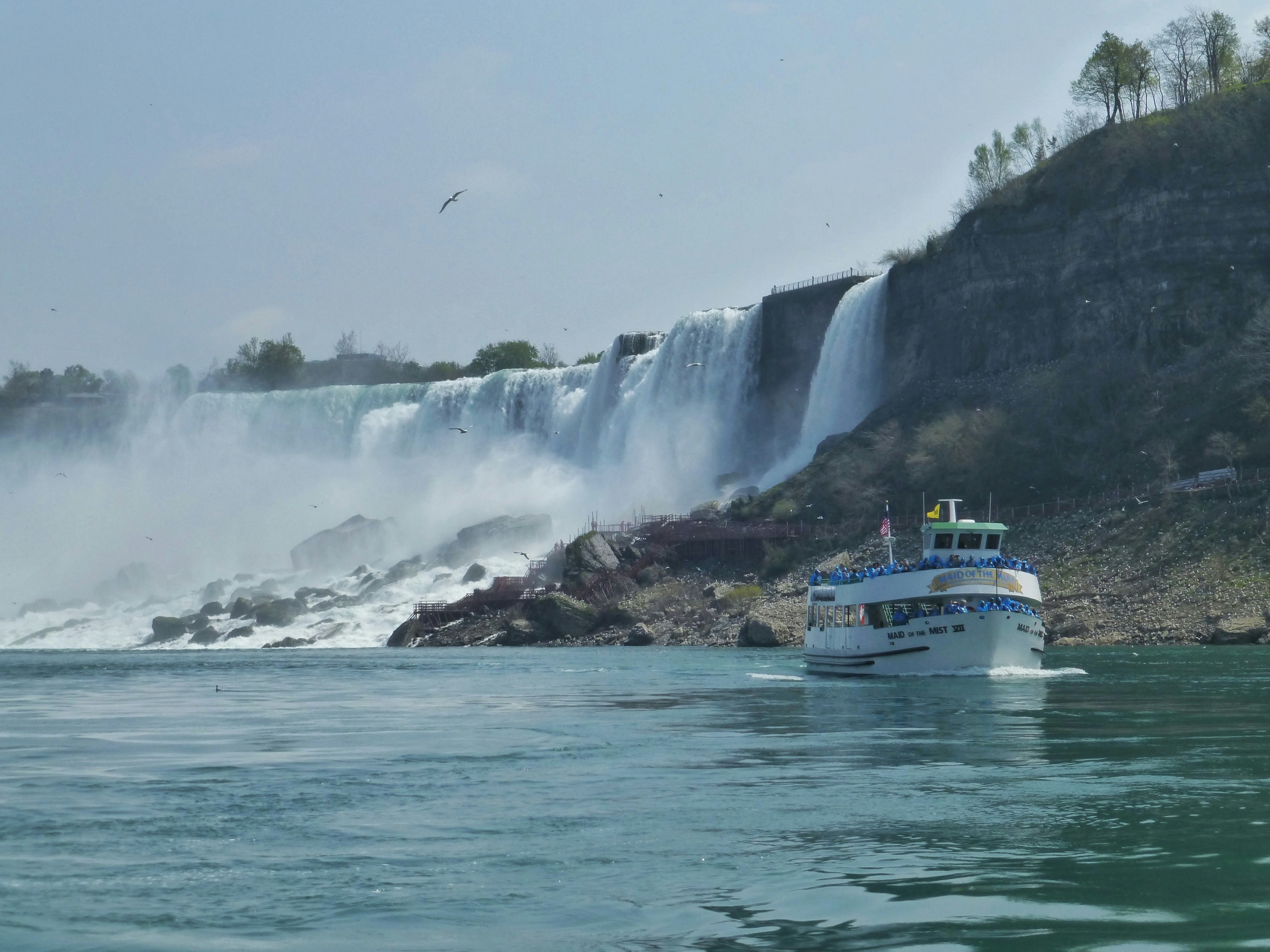Tour boat navigating the waters near the powerful cascades of Niagara Falls, enveloped in mist and surrounded by lush greenery.