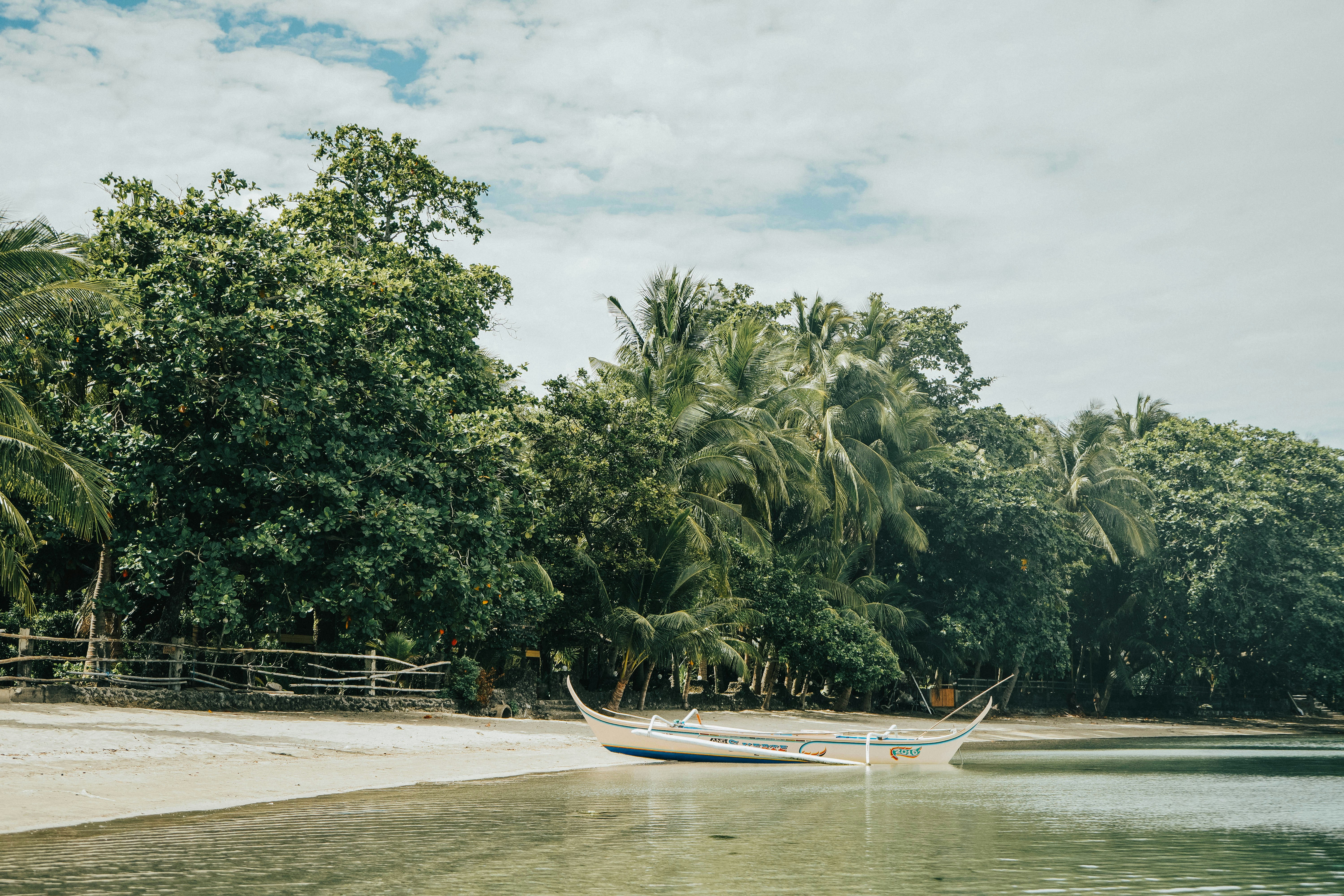White boat moored on calm water near lush green trees under a cloudy sky.