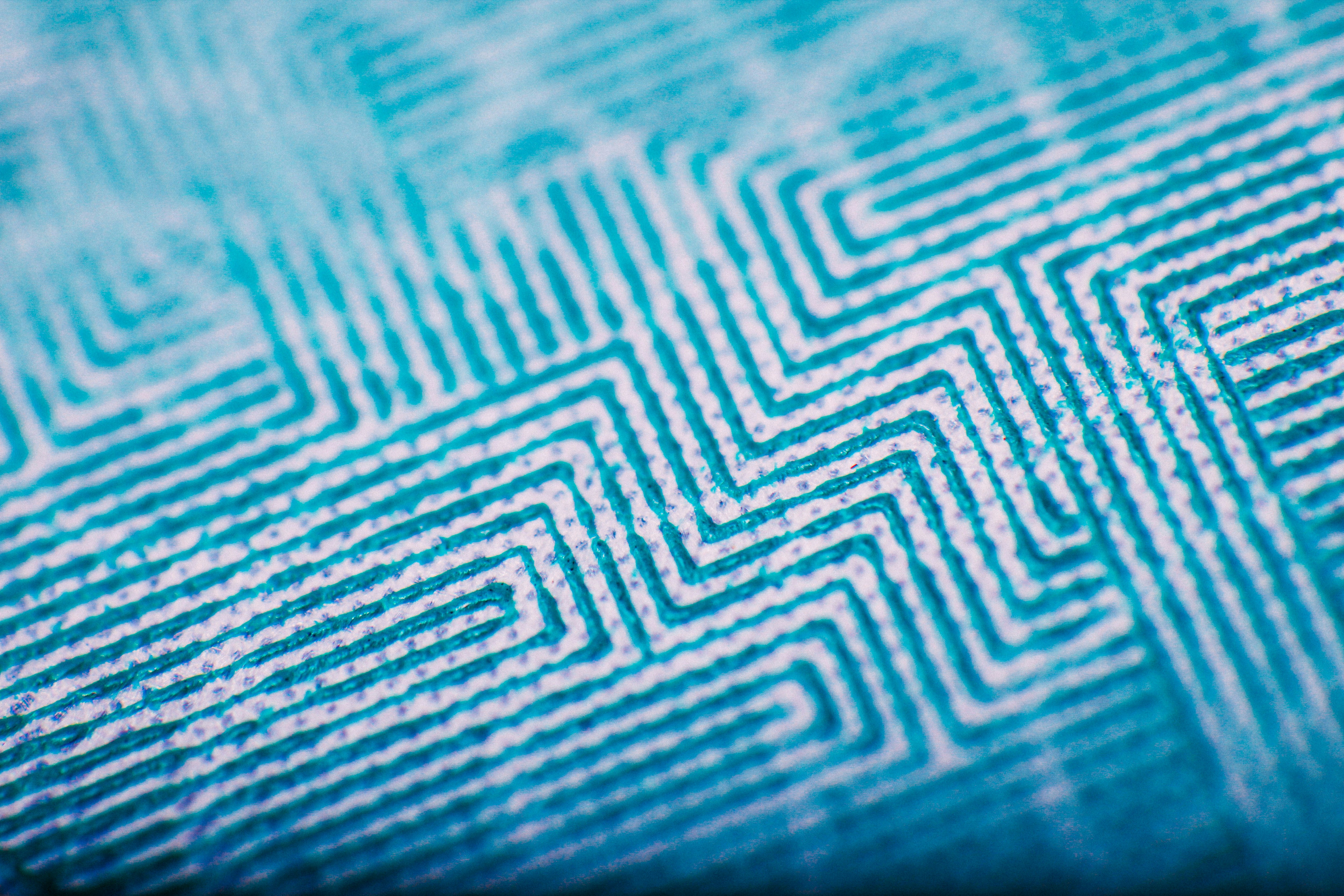 Close-up of a detailed blue geometric pattern on a banknote.