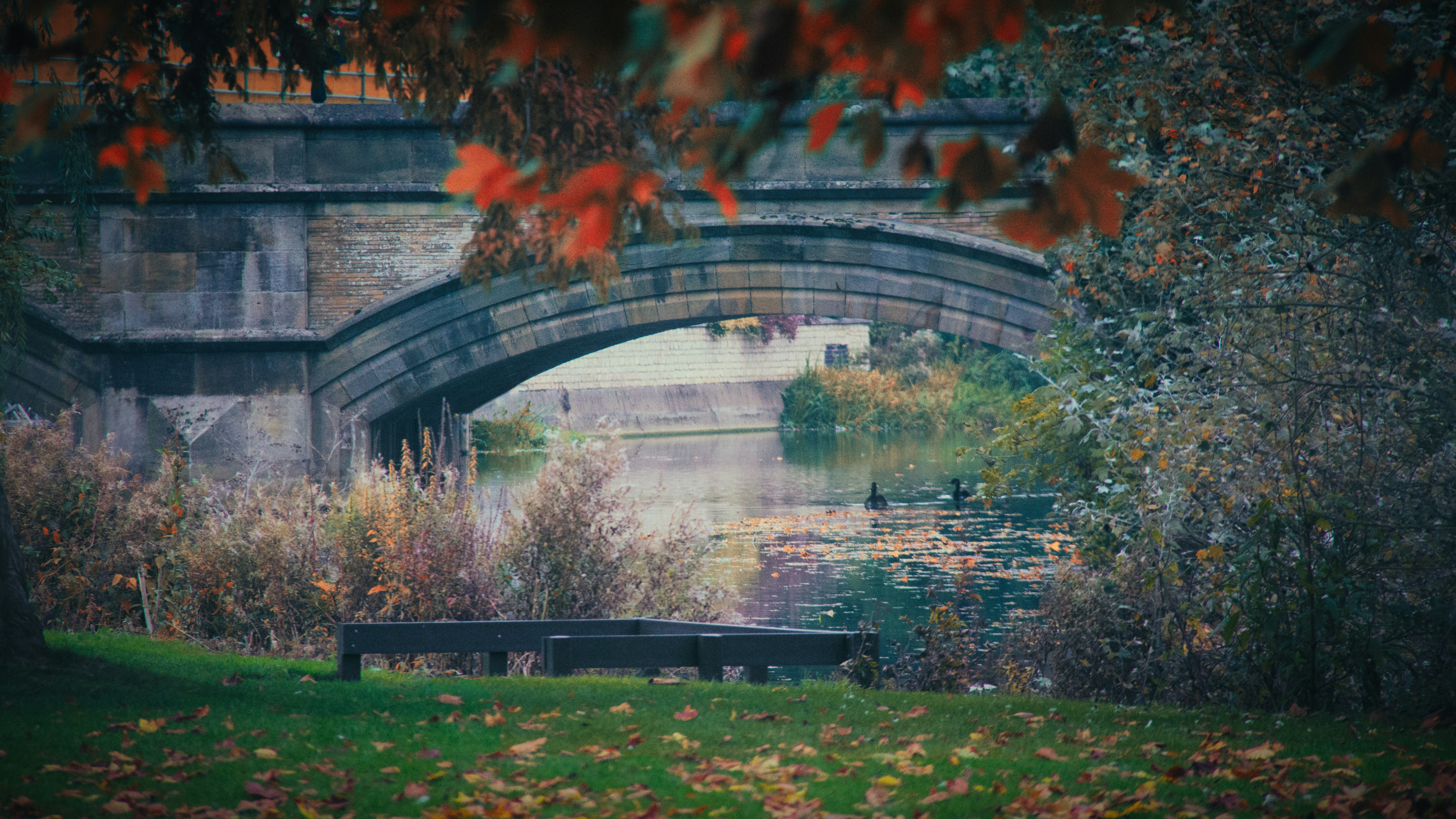 Stone bridge arches over a tranquil river framed by autumn foliage.