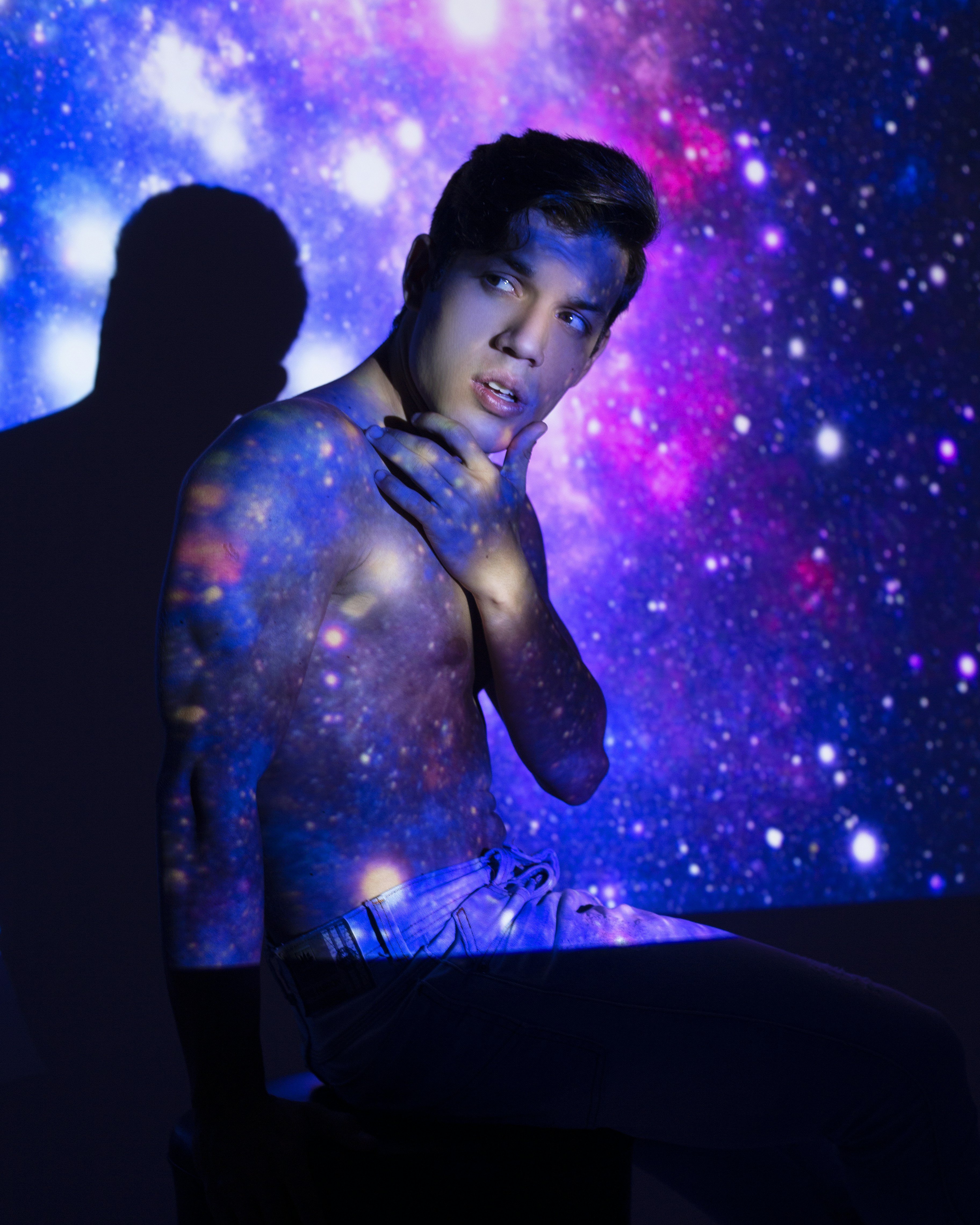 Cosmic Drapery: A Galaxy-Drenched Portrait in a Starry Studio