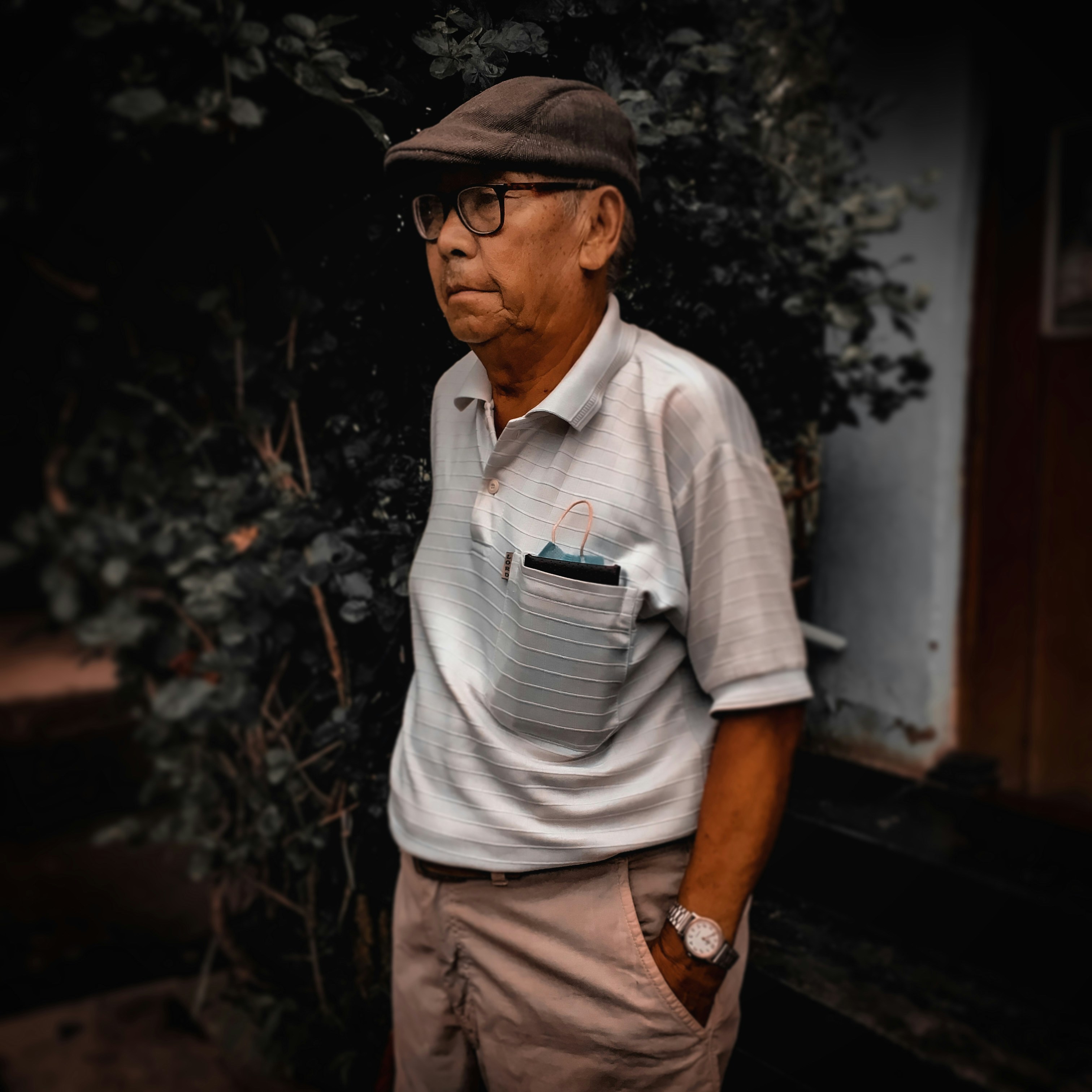 Elderly man in a cap stands thoughtfully beside lush greenery.