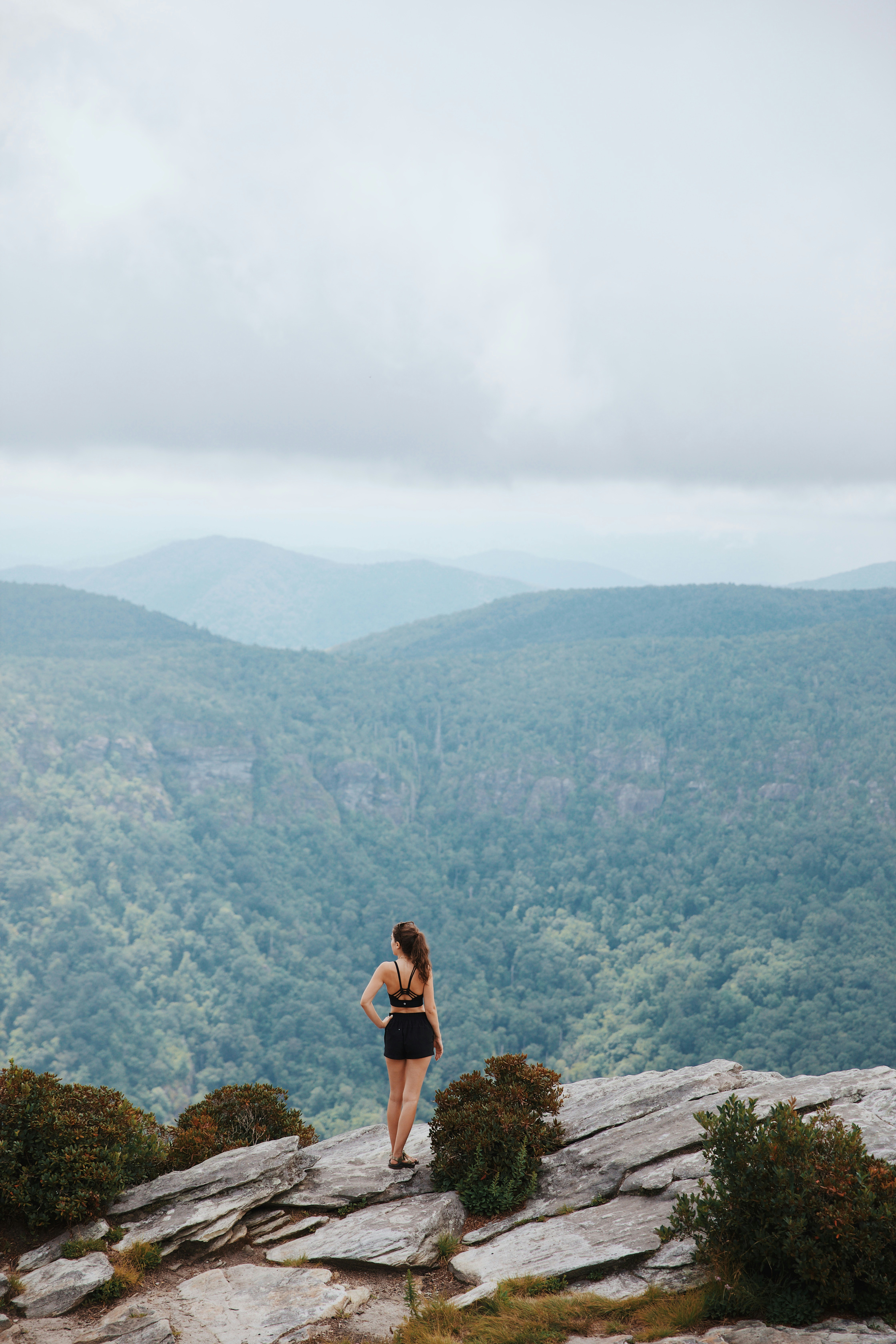 Edge of the World: A lone figure on a rocky overlook above endless forested ridges