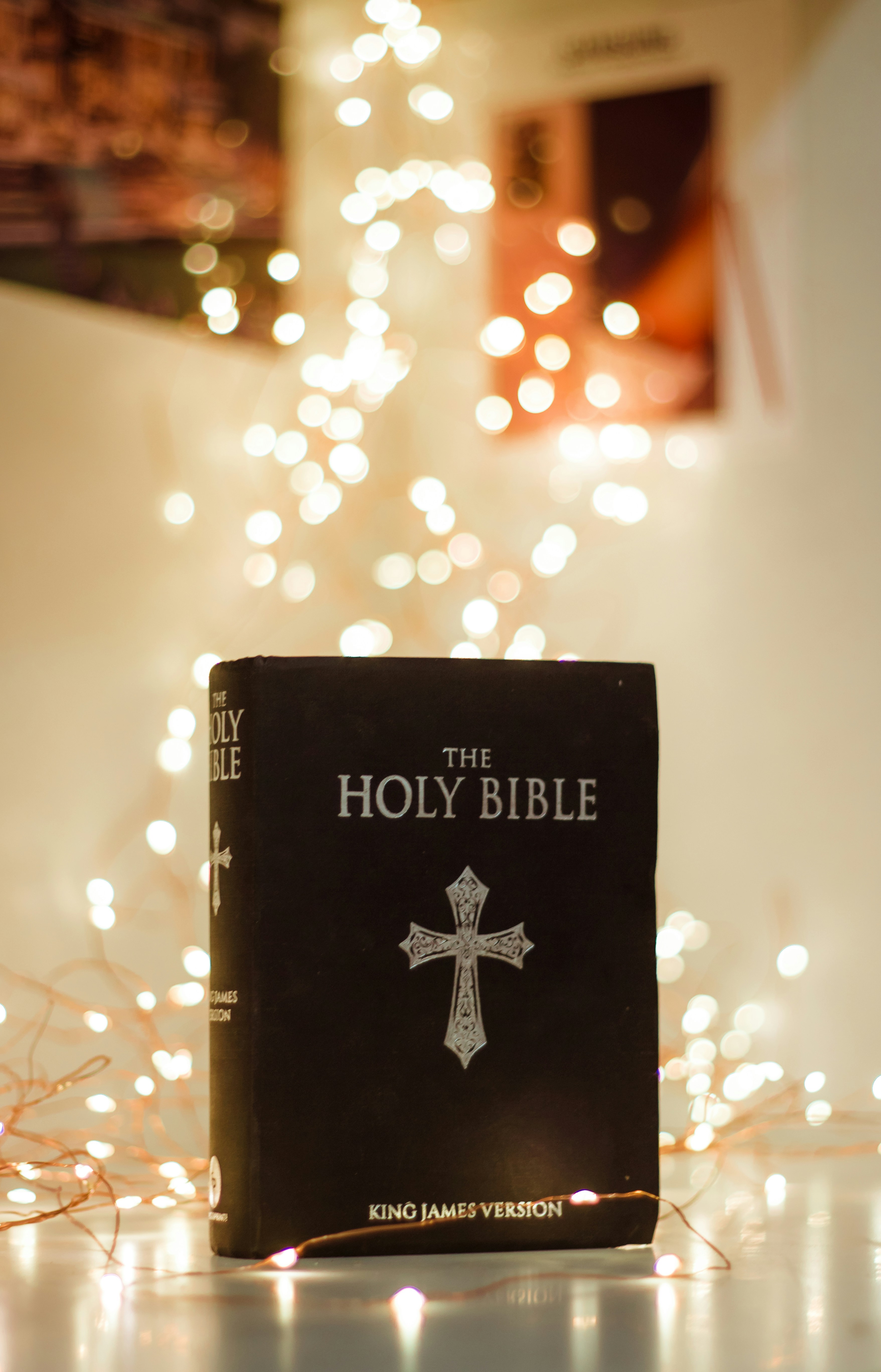 The Holy Bible Under Soft Galaxy Lights