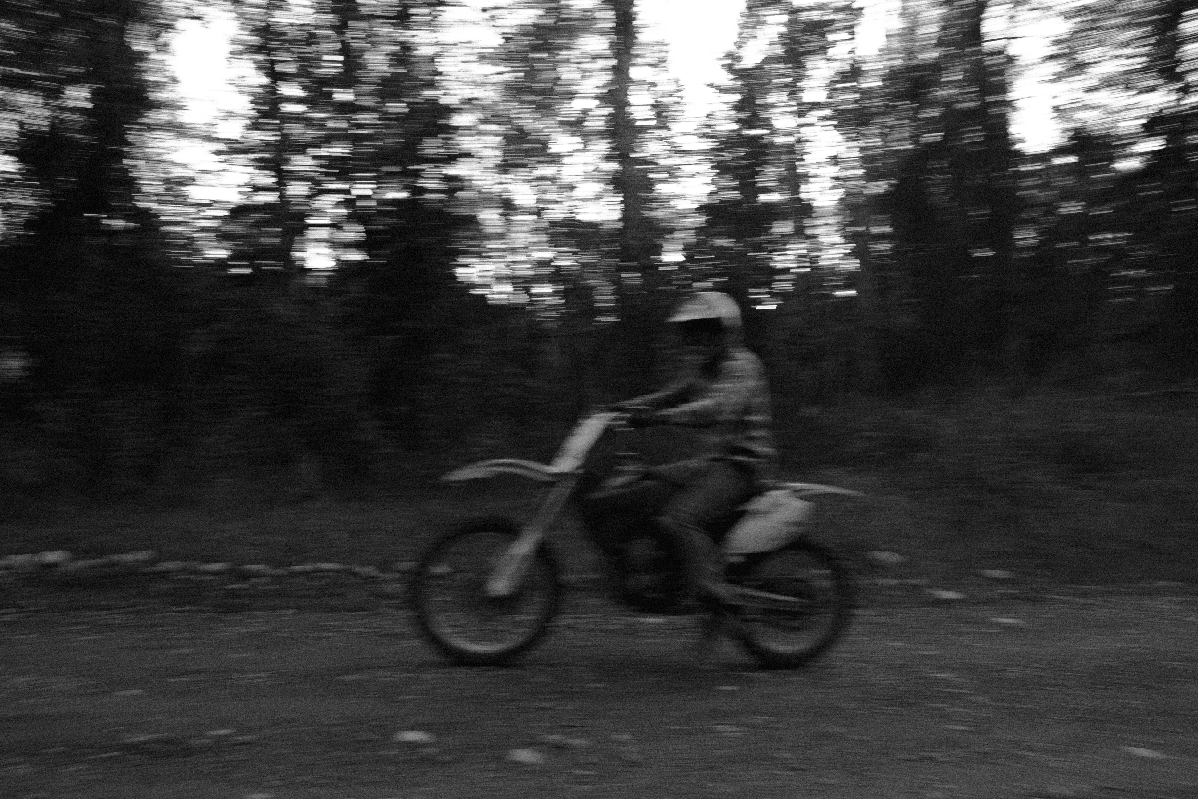 Echoes of Motion: A Motorcyclist Drifting Through a Dim Forest