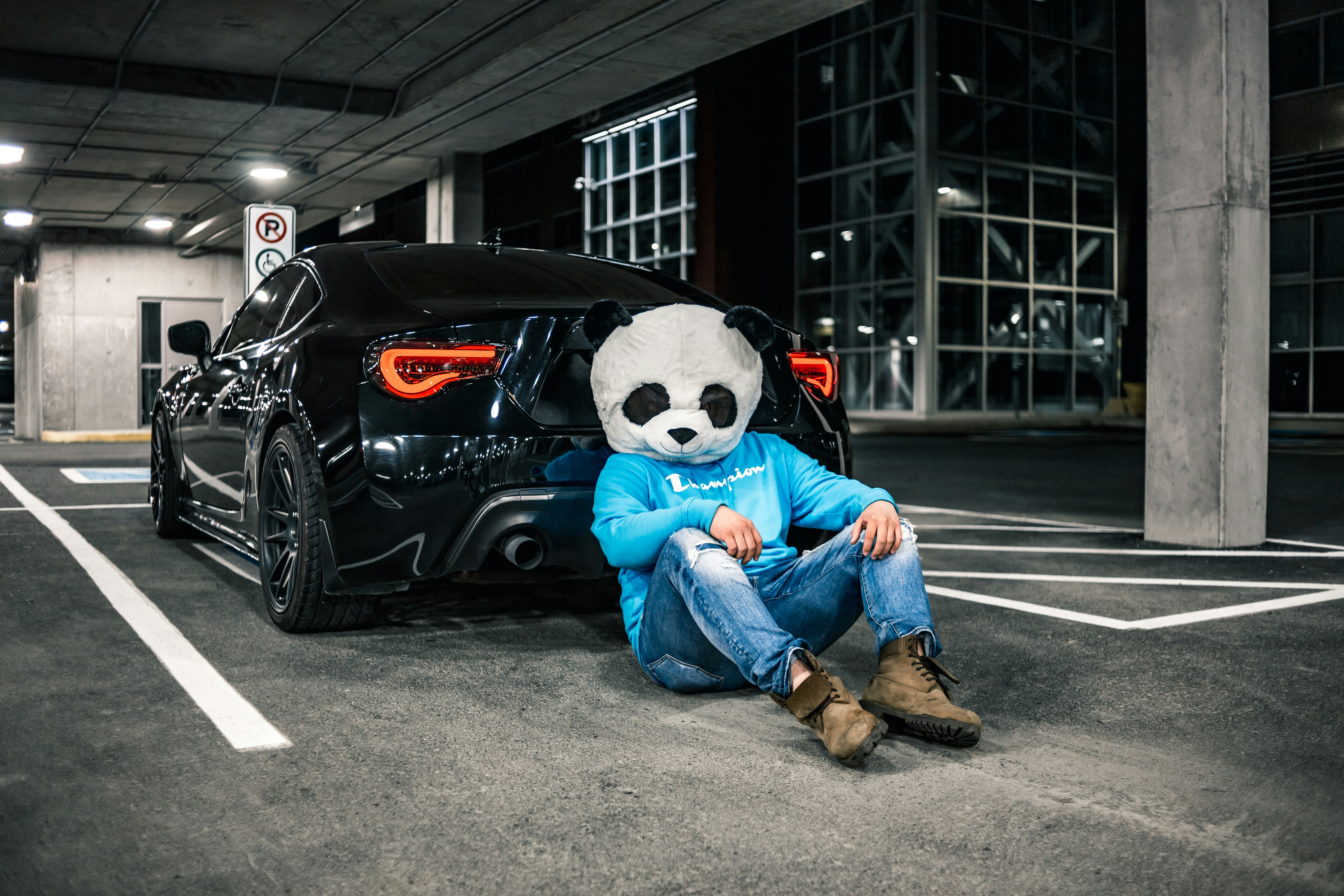 Panda in a Neon Night: Quiet Pause by the Car