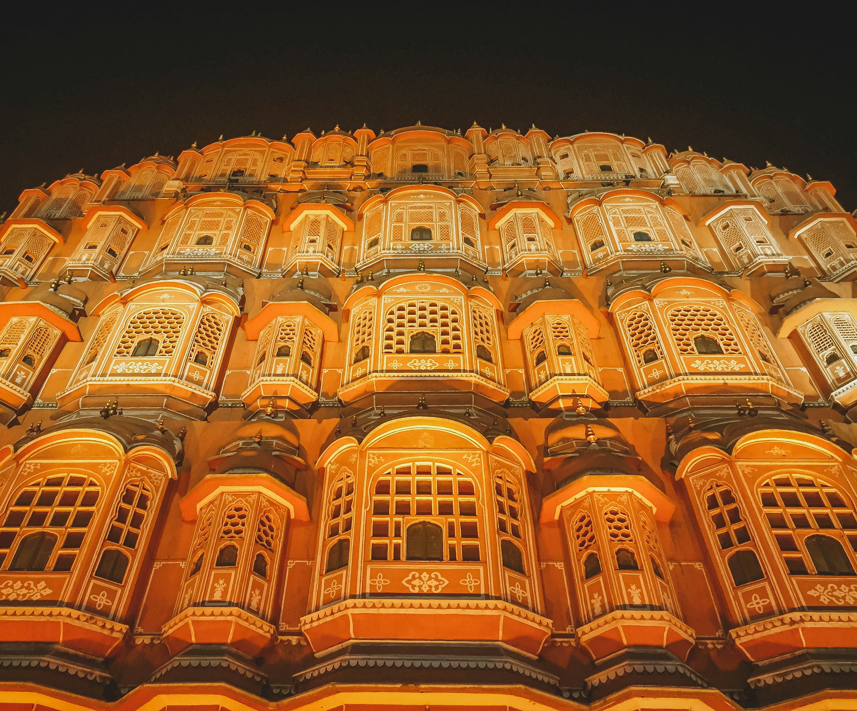 Amber Lace of Jaipur: Night-Illuminated Facade of Hawa Mahal