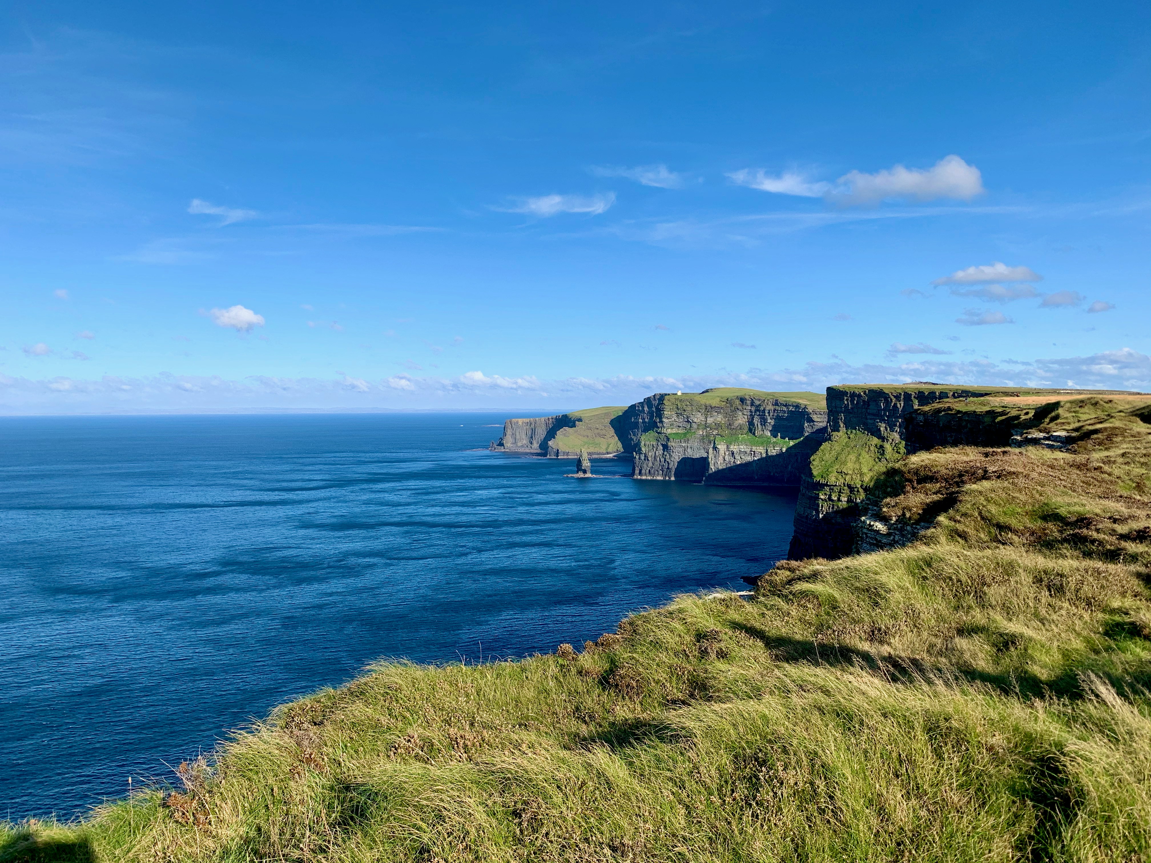 Lush green cliffs overlooking a vast blue ocean under a clear sky.