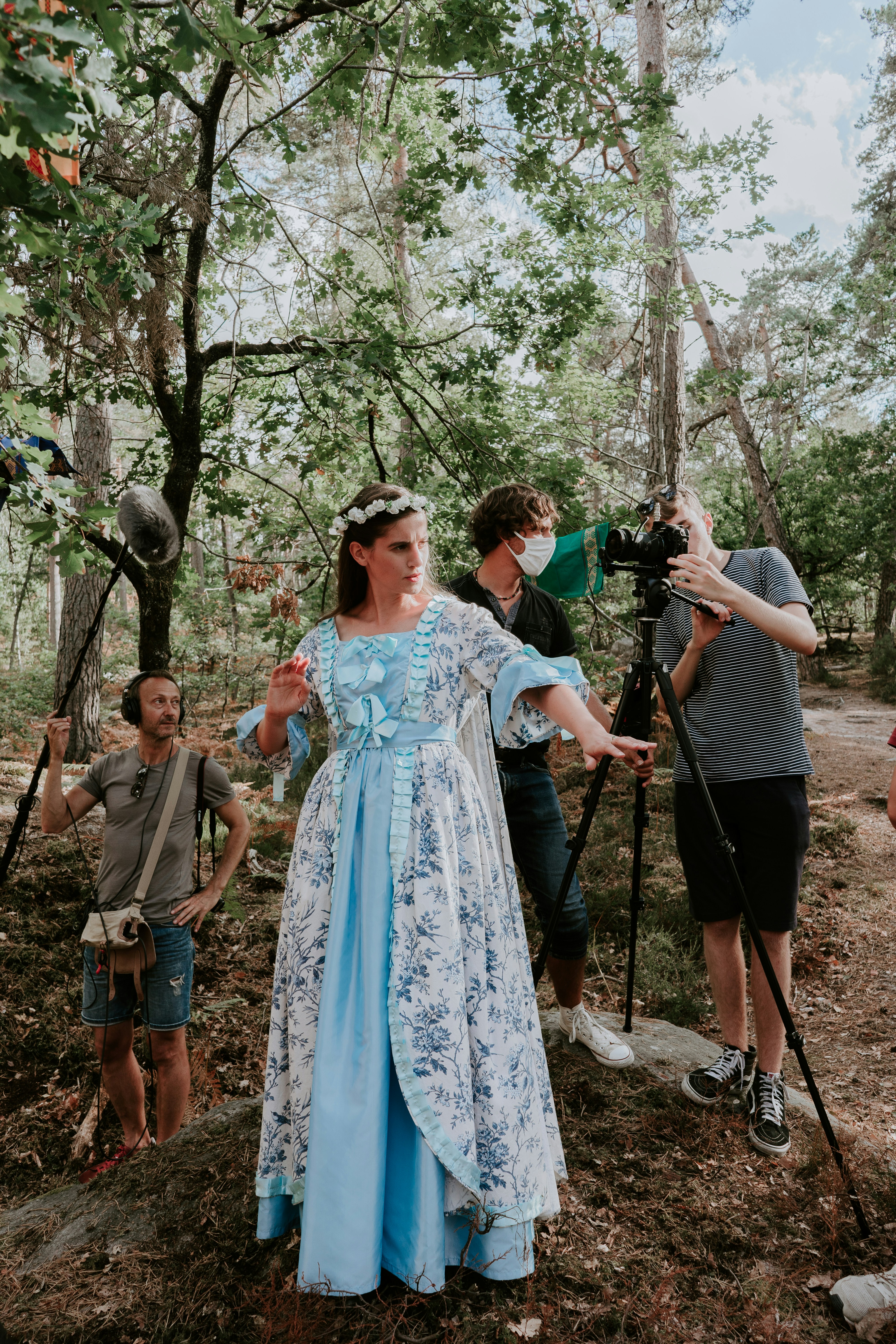 Blue Regency Gown Under Pine Canopy: A Forest Film Set
