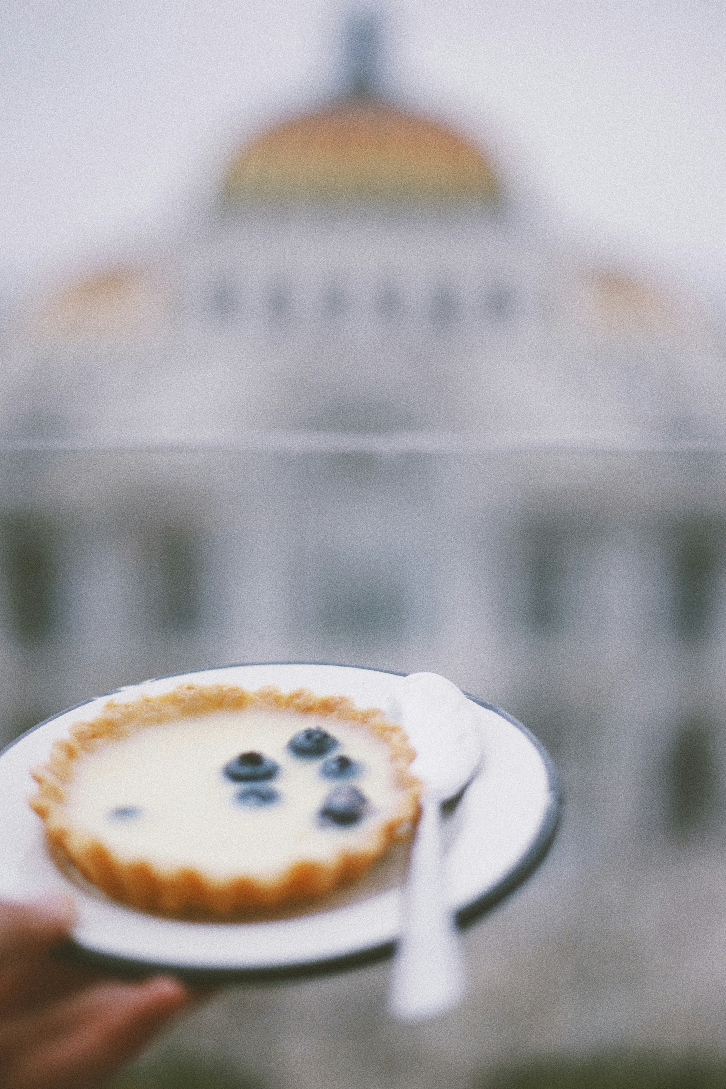 Blurred Café Moment: Blueberry Tart in Front of a Dome