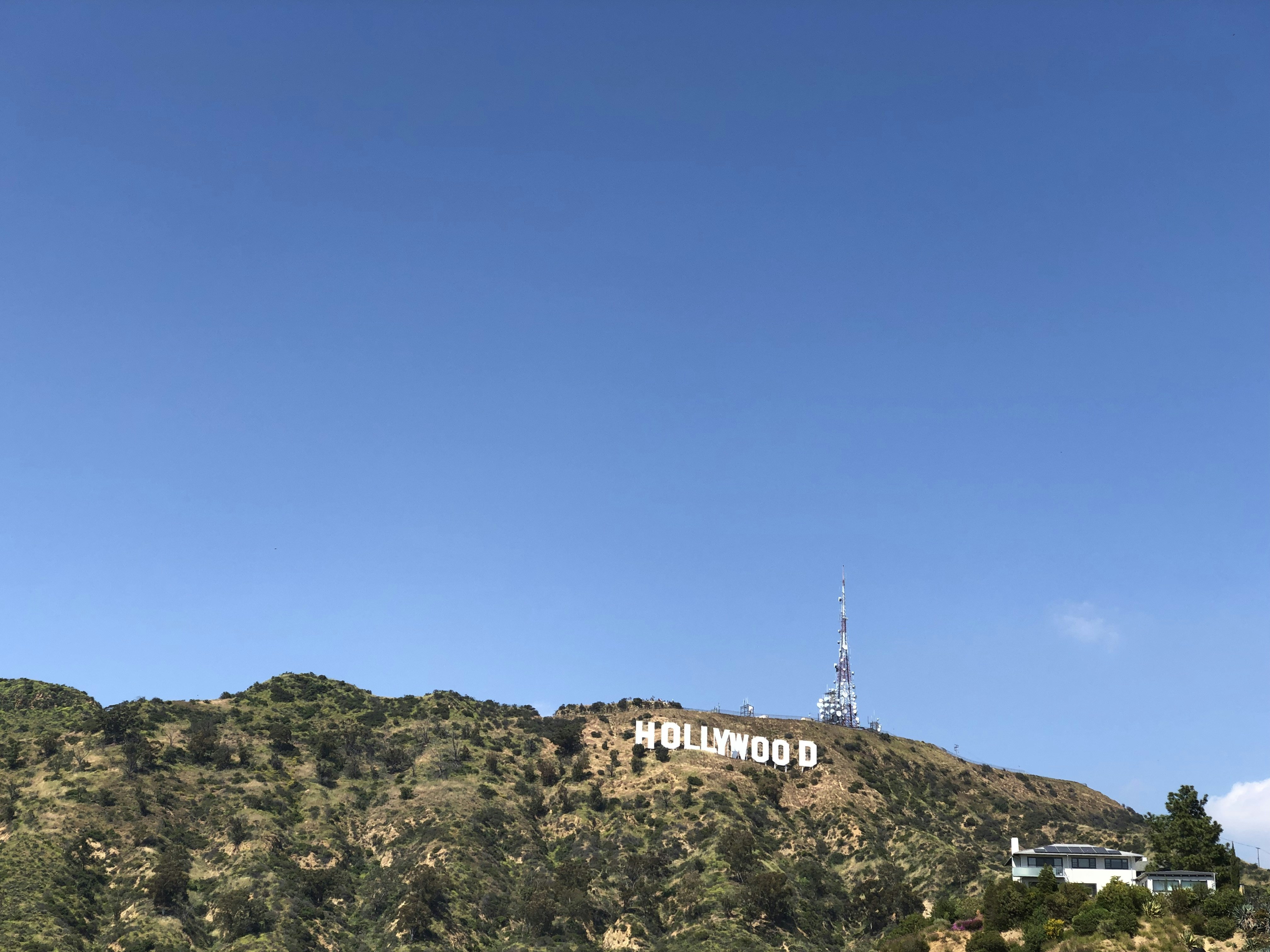 Famous hillside sign with lush greenery beneath a clear blue sky.