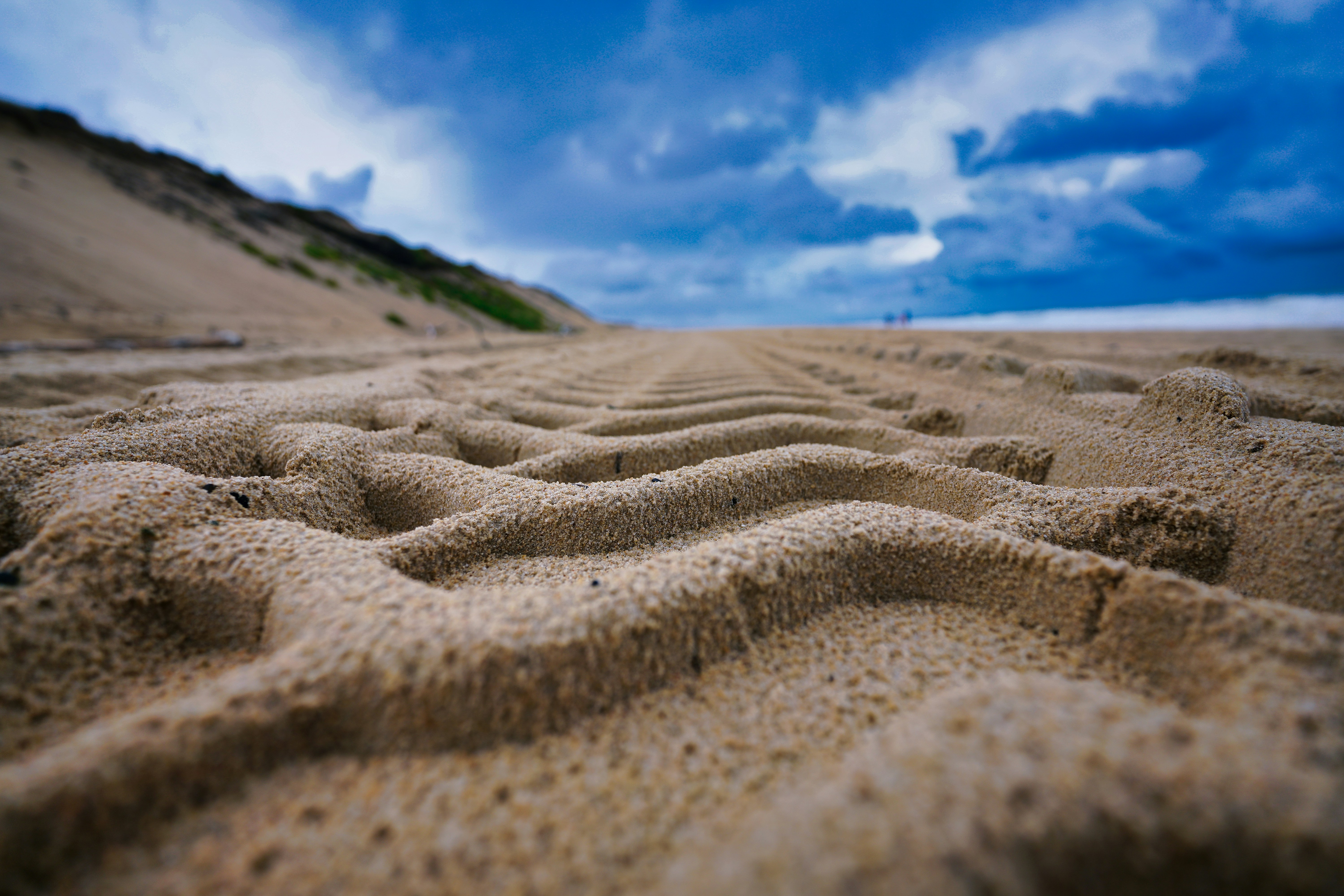 Wind-Kissed Ripples: A Close-Up of Beach Dunes Beneath a Stormy Sky