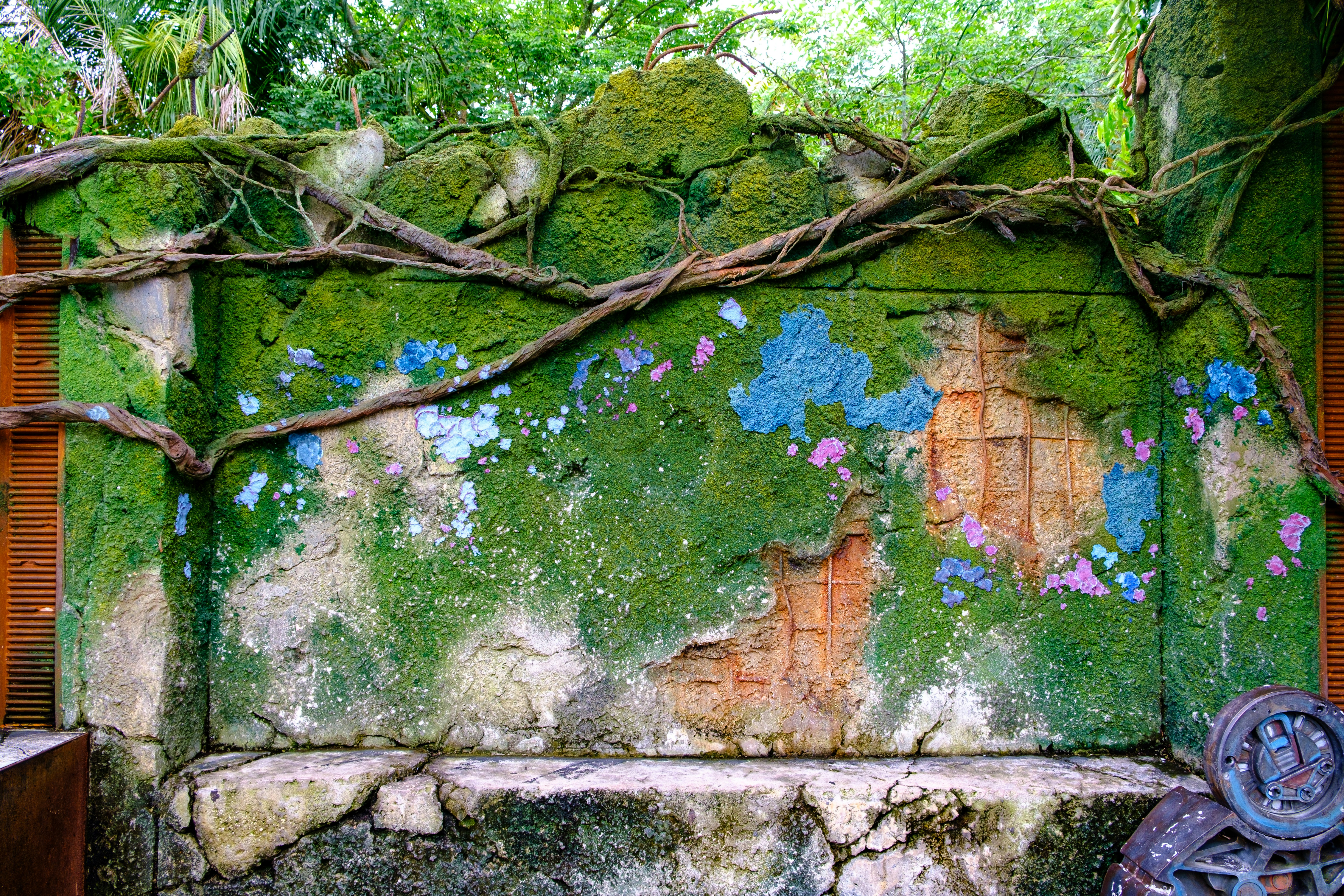 Moss-covered wall adorned with vibrant blue and pink floral patterns intertwined with vines.
