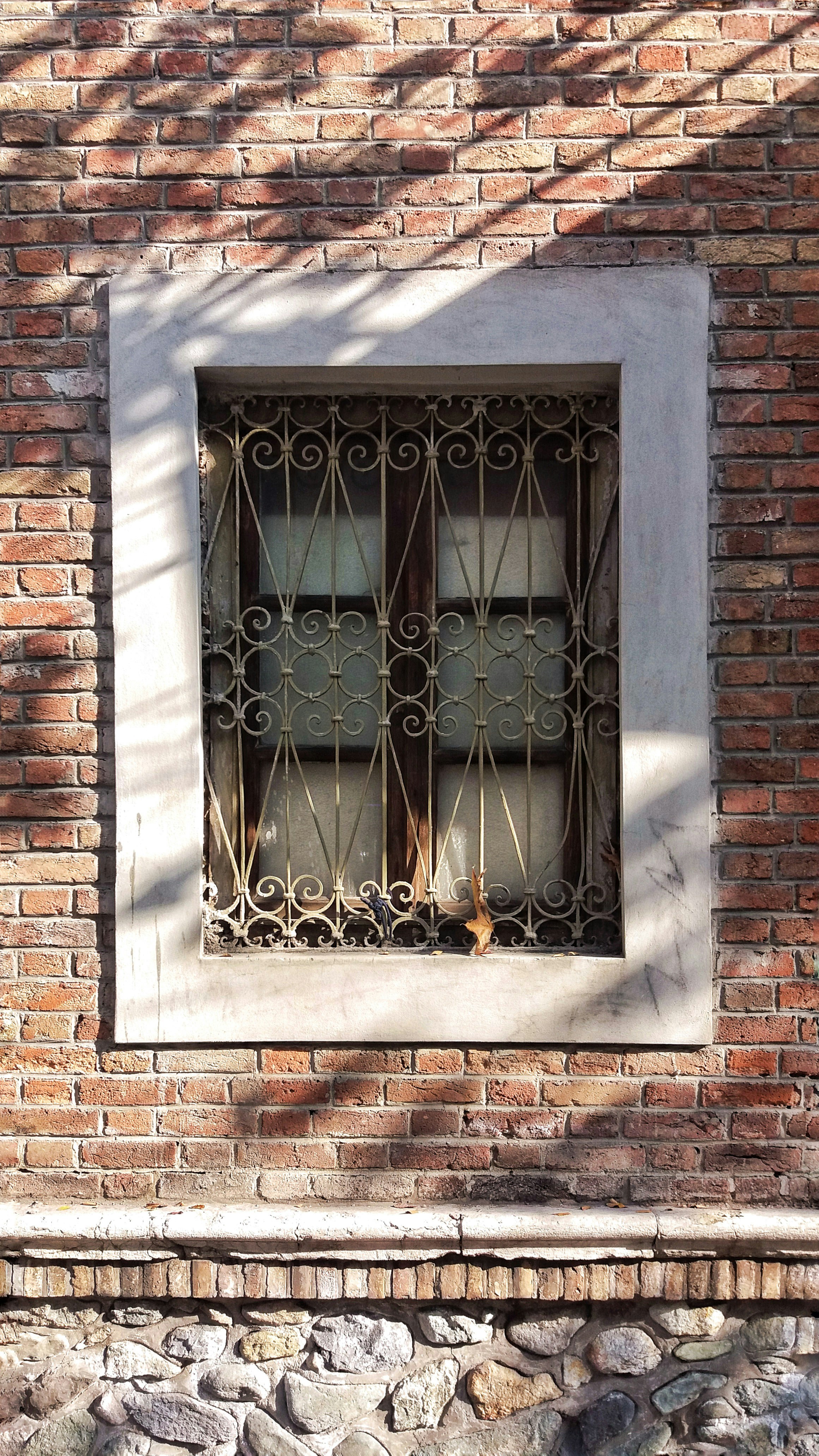 Intricate wrought iron window graces a brick wall, showcasing the beauty of architectural details and shadows. A hint of nature peeks through the bars.